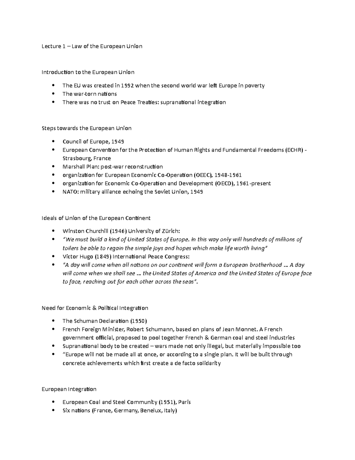 Lecture 1 - Slide notes - Lecture 1 – Law of the European Union ...