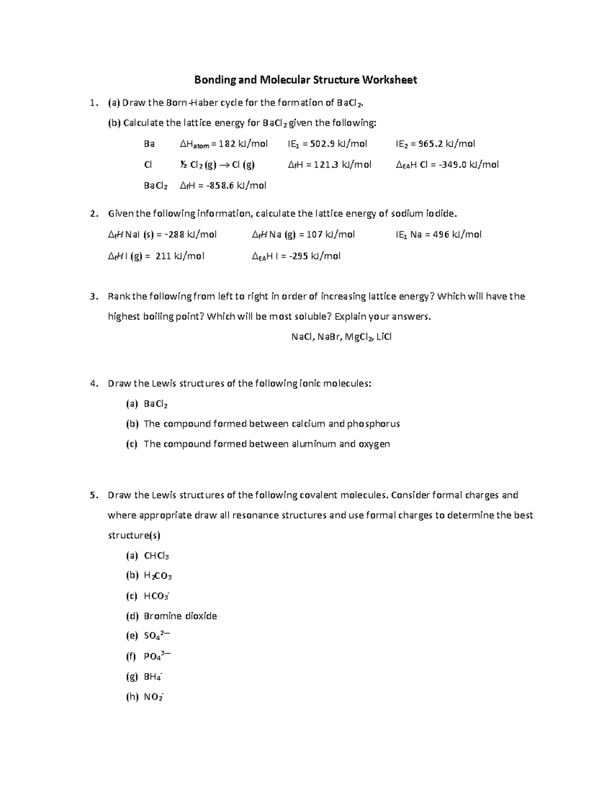 141 Bonding Molecular Structure Worksheet - Bonding and Molecular ...
