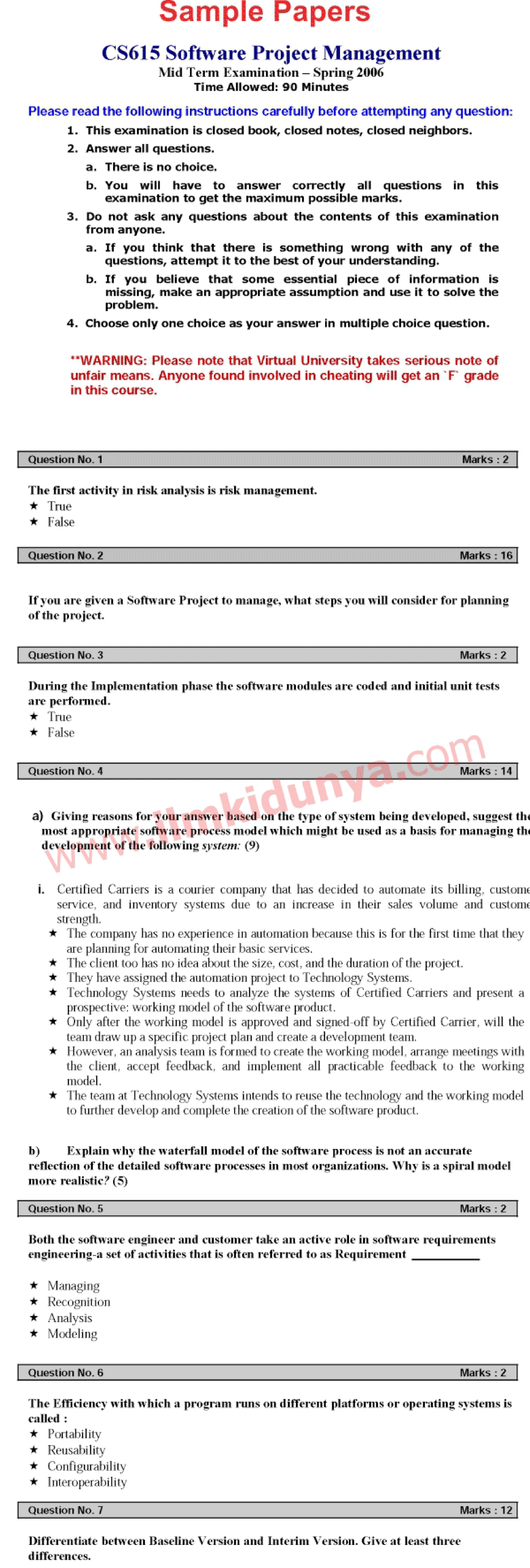 CS615 Software Project Management MIT VU University Past Papers 2006 Mid Term Exam Spring - Studocu