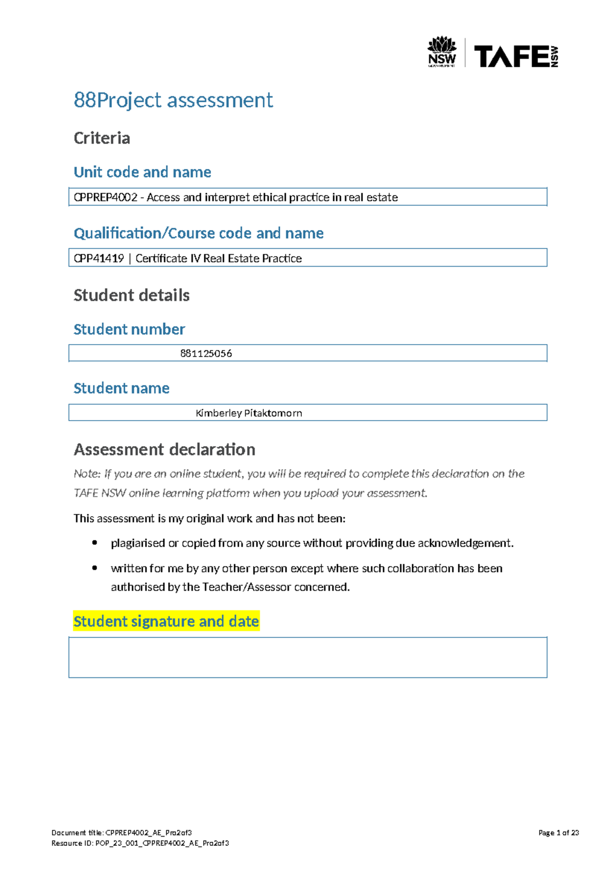 Cpprep 4002 AE Pro2of3 (16) - 88Project assessment Criteria Unit code and name CPPREP4002 ...
