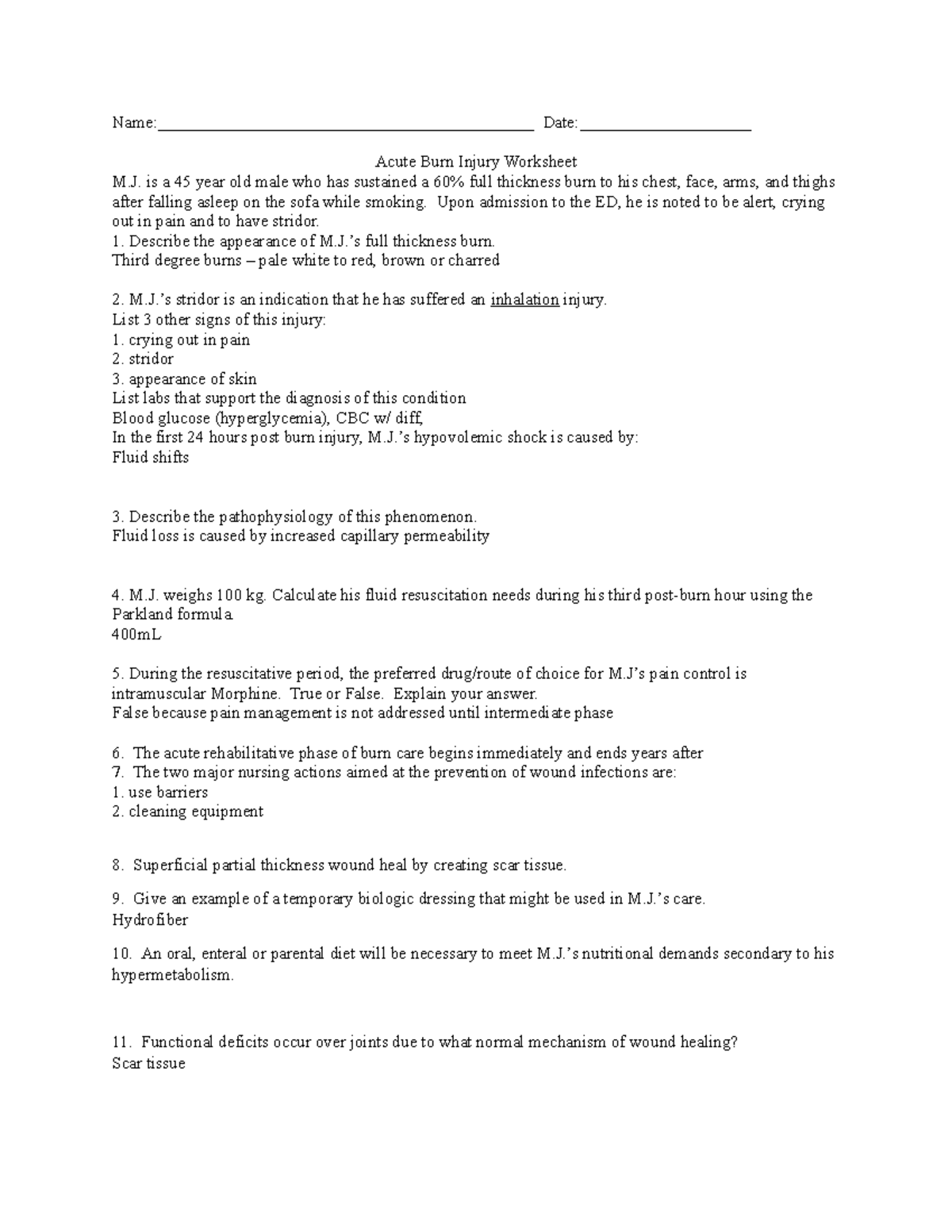 Acute Burn Injury Worksheet - Name ...