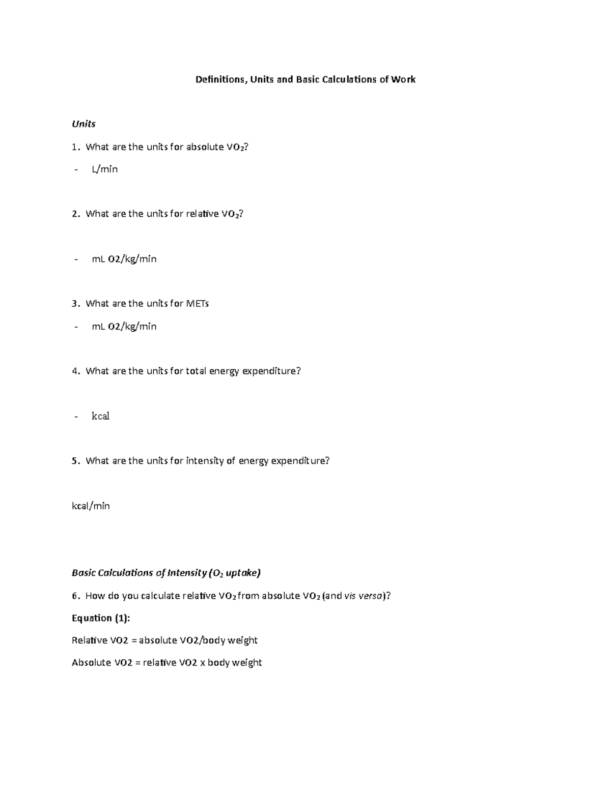 Worksheet 1 - Definitions, Units and Basic Calculations of Work Units ...