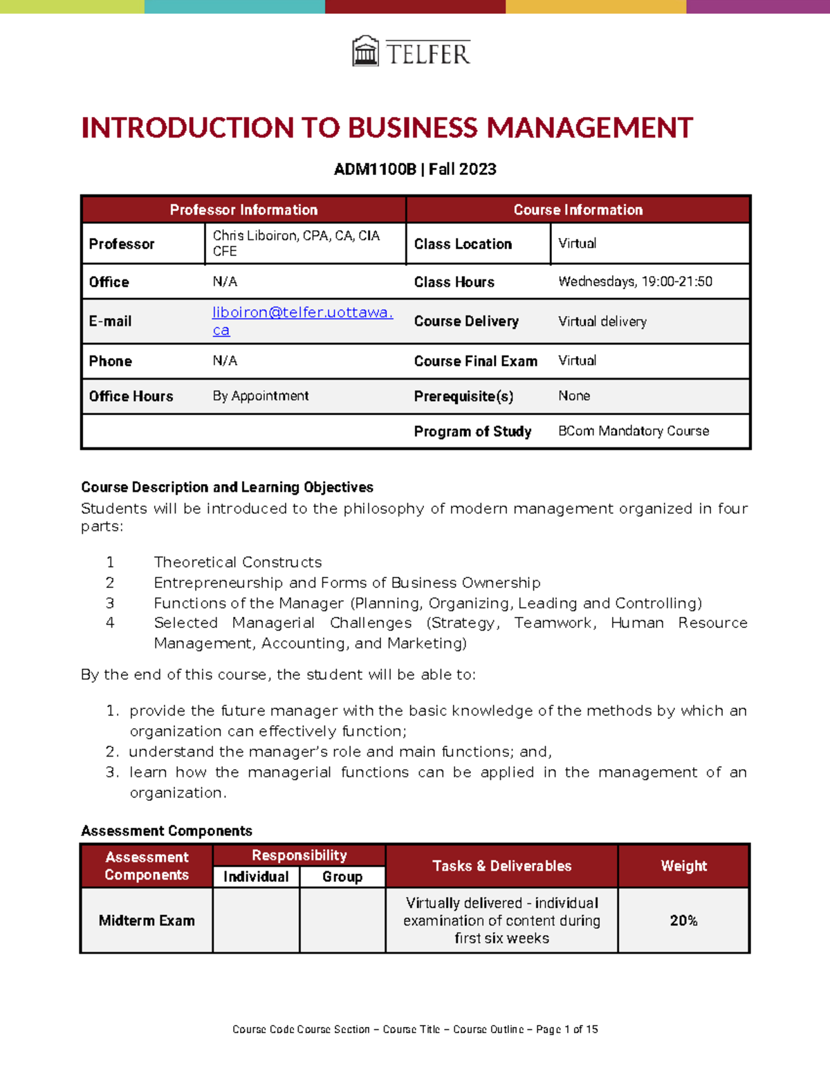 ADM1100 Syllabus (intro to business management) - INTRODUCTION TO ...