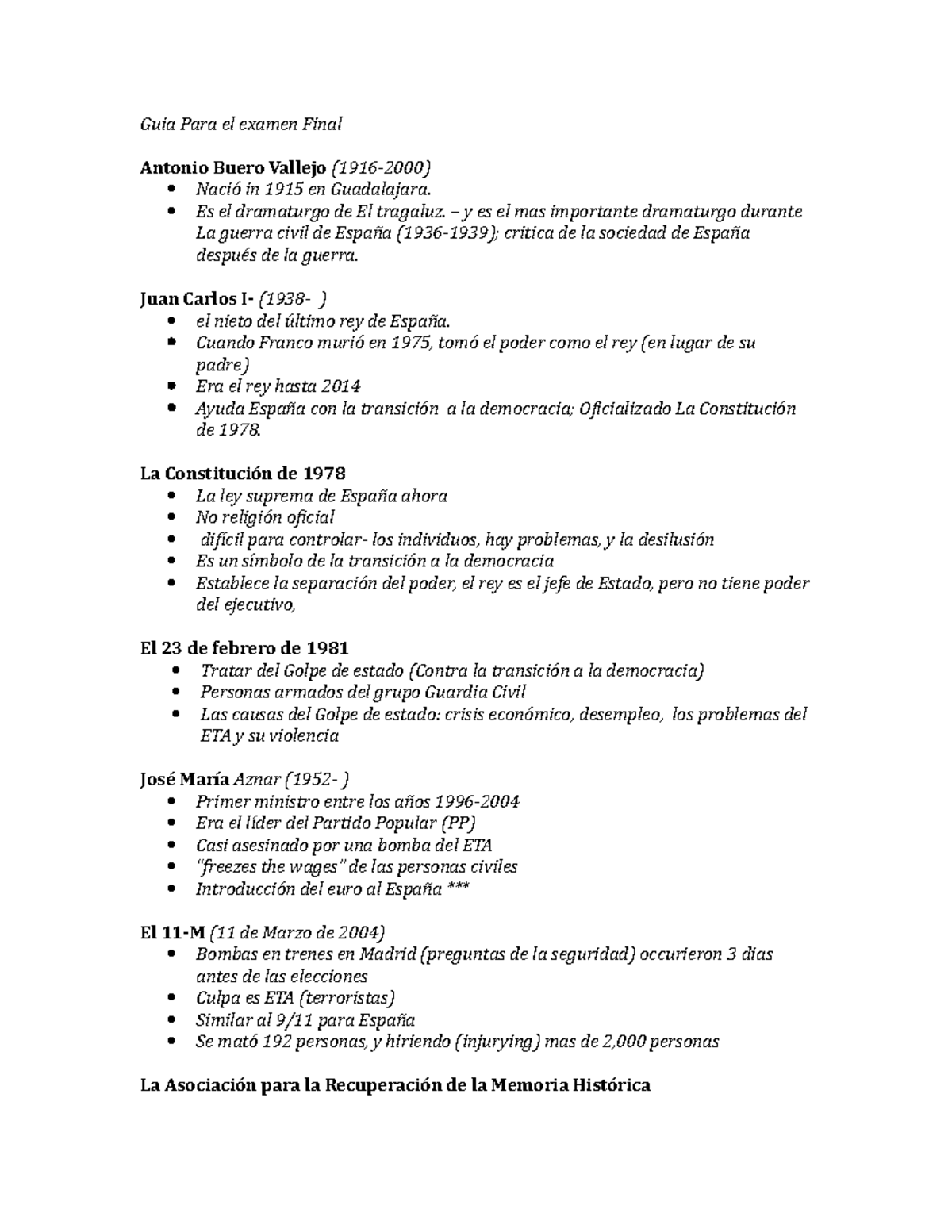 Spanish Final Exam Study Guide - Guia Para el examen Final Antonio Buero Vallejo (1916-2000 ...