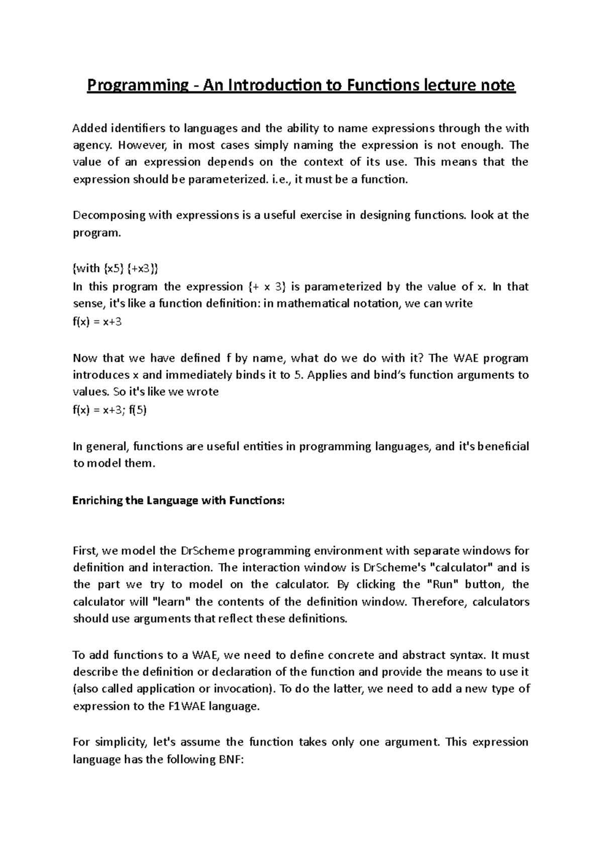 Programming - An Introduction to Functions lecture note - However, in ...