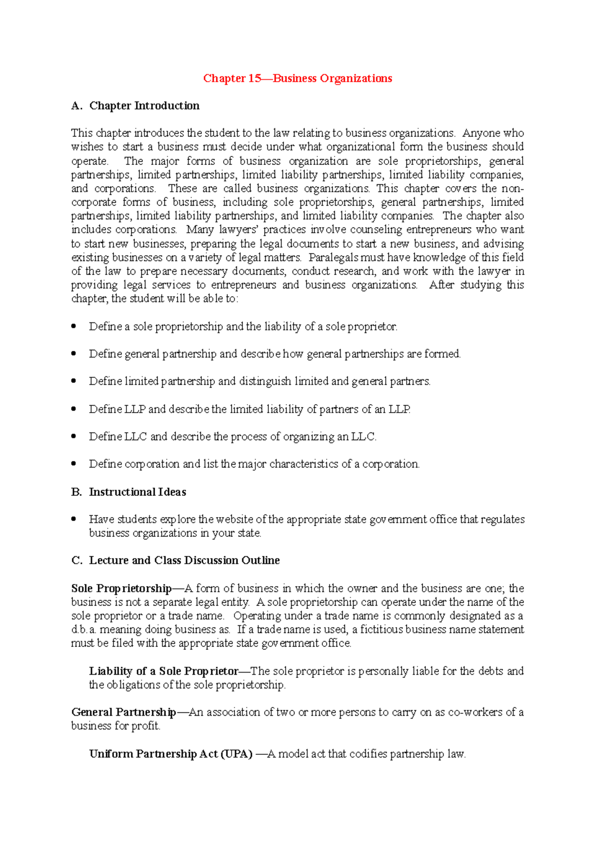 Ch15 Business Organizations - Chapter 15—Business Organizations A ...