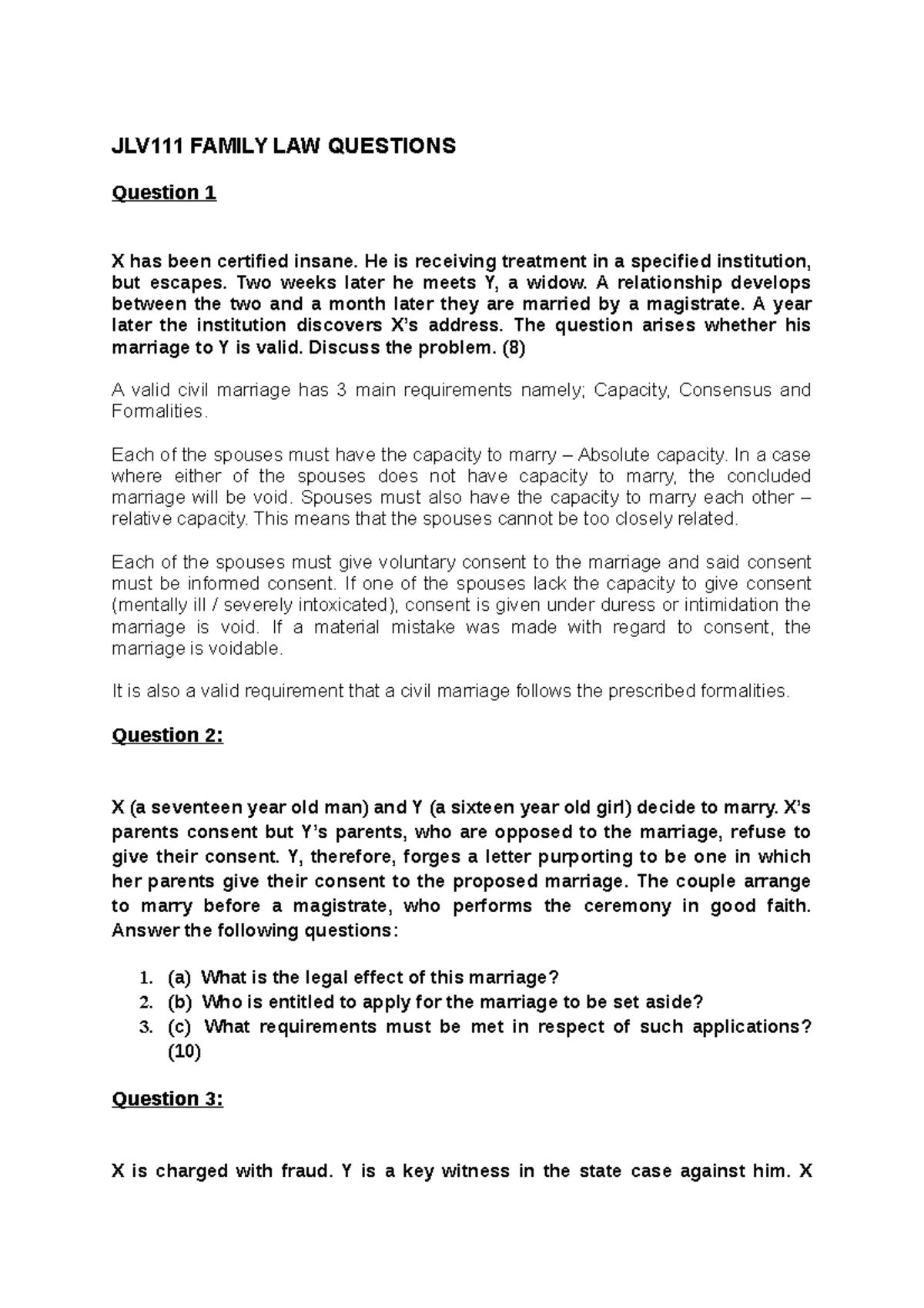 Self assessment questions - Civil marriage - JLV111 FAMILY LAW ...