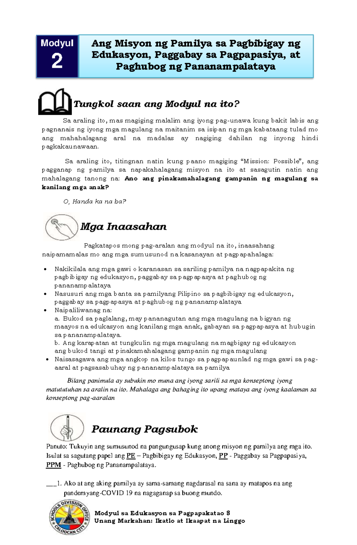 Es P 8 Q1 Week 3-4 - Values Education module - Modyul sa Edukasyon sa ...