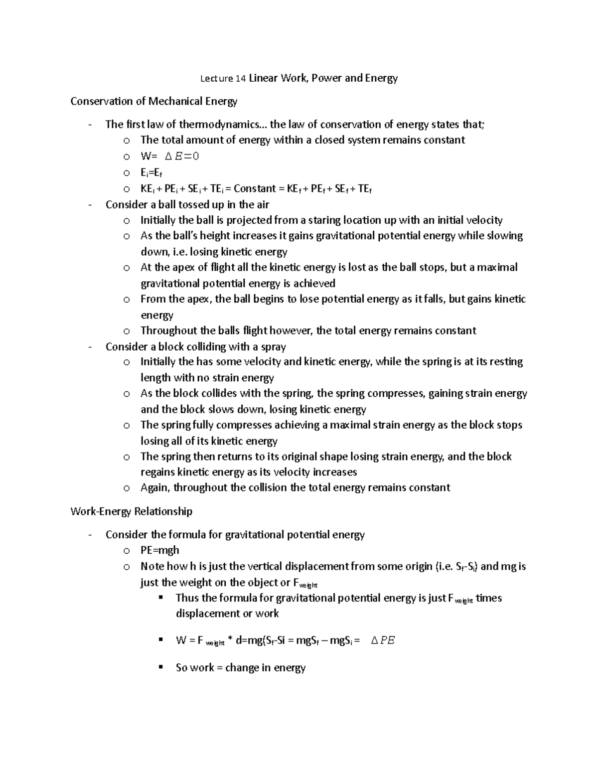 Lecture 14 Linear Work, Power, And Energy - Lecture 14 Linear Work ...