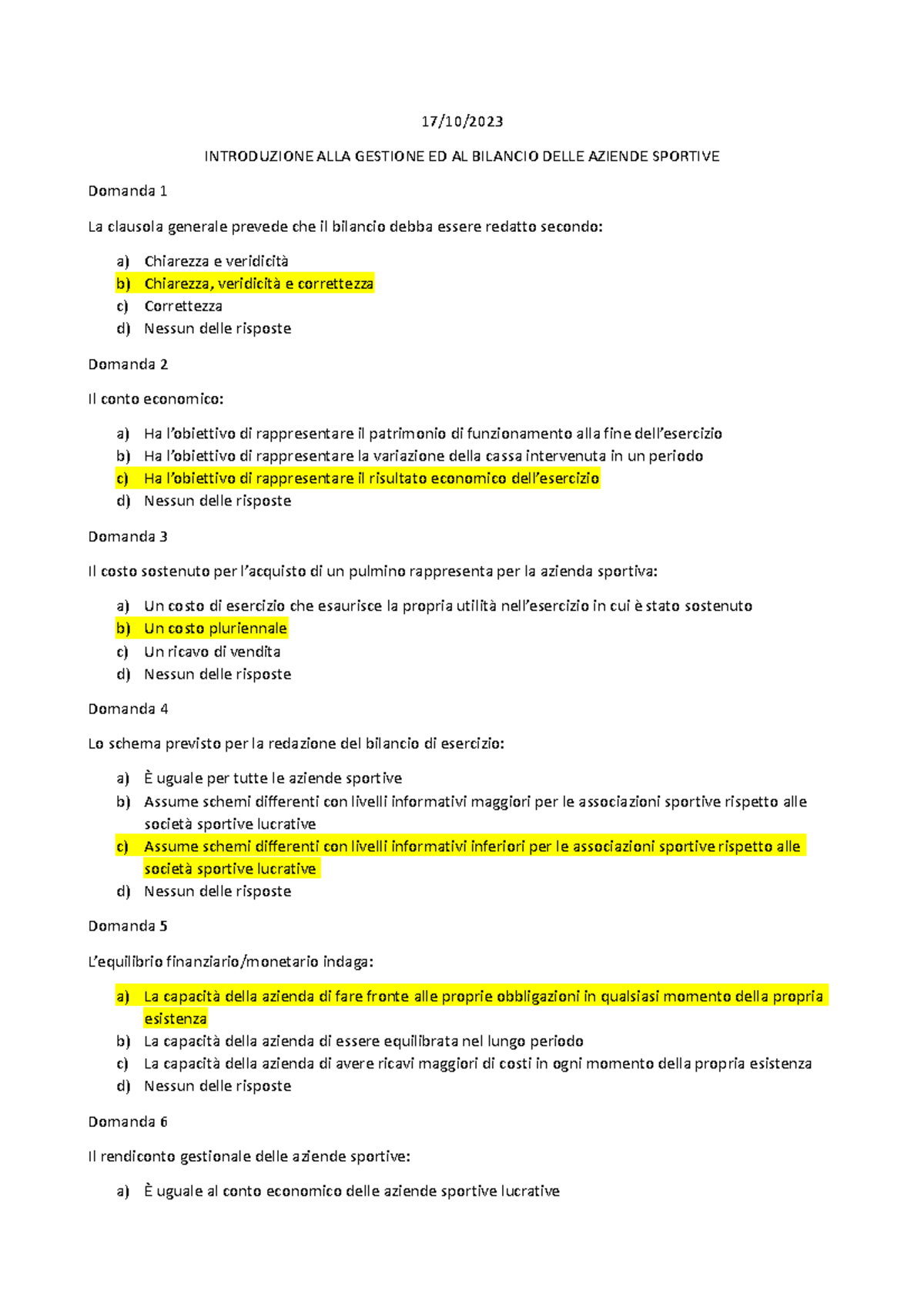 Simulazione esame parte lo piccolo - 17/10/ INTRODUZIONE ALLA GESTIONE ...