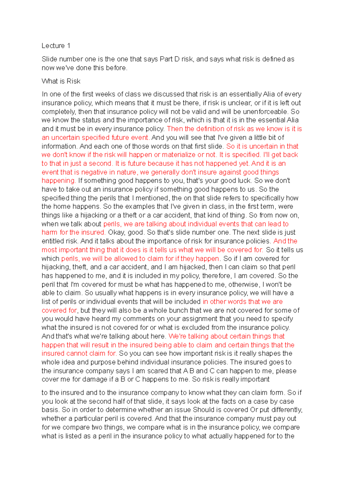Insurance Risk notes - LLB - UWC - Studocu