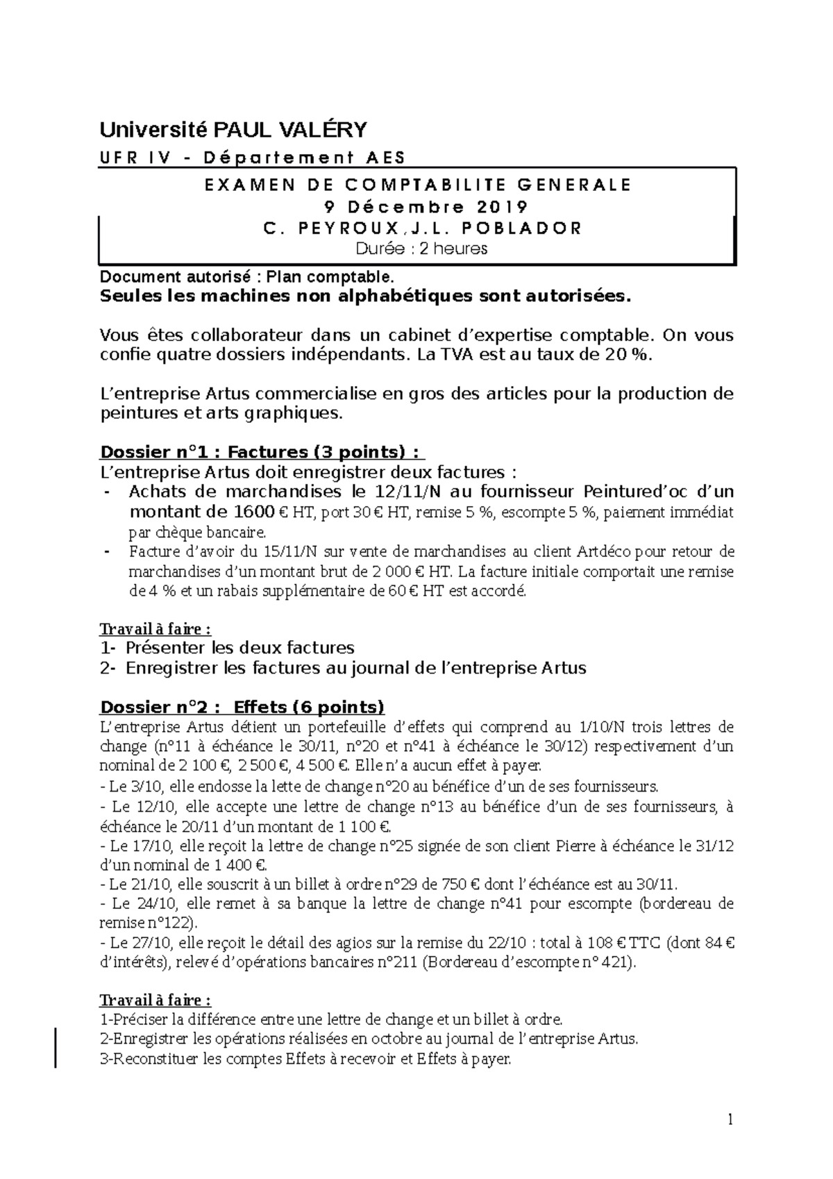 Exam compta MTP Déc2019 - Université PAUL VALÉRY U F R I V - D é p a r ...