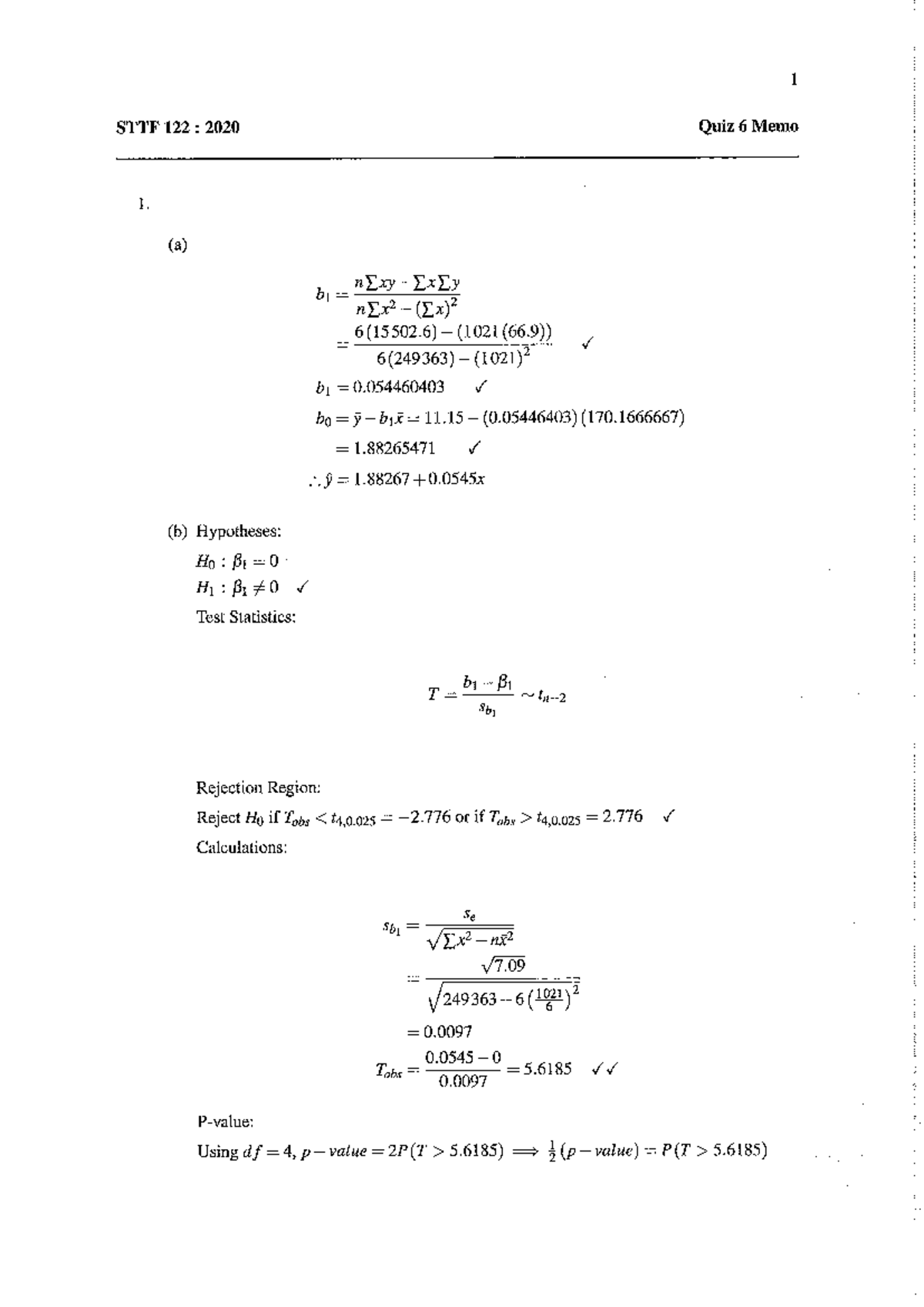 Final quiz 6 memo - quiz - STTN122 - 1 STTF 122 : 2020 Quiz 6 Memo 1 ...
