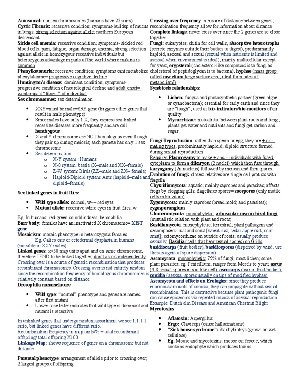BIOL110 exam #3 High-Yield Study Guide - Autosomal: nonsex chromosomes ...