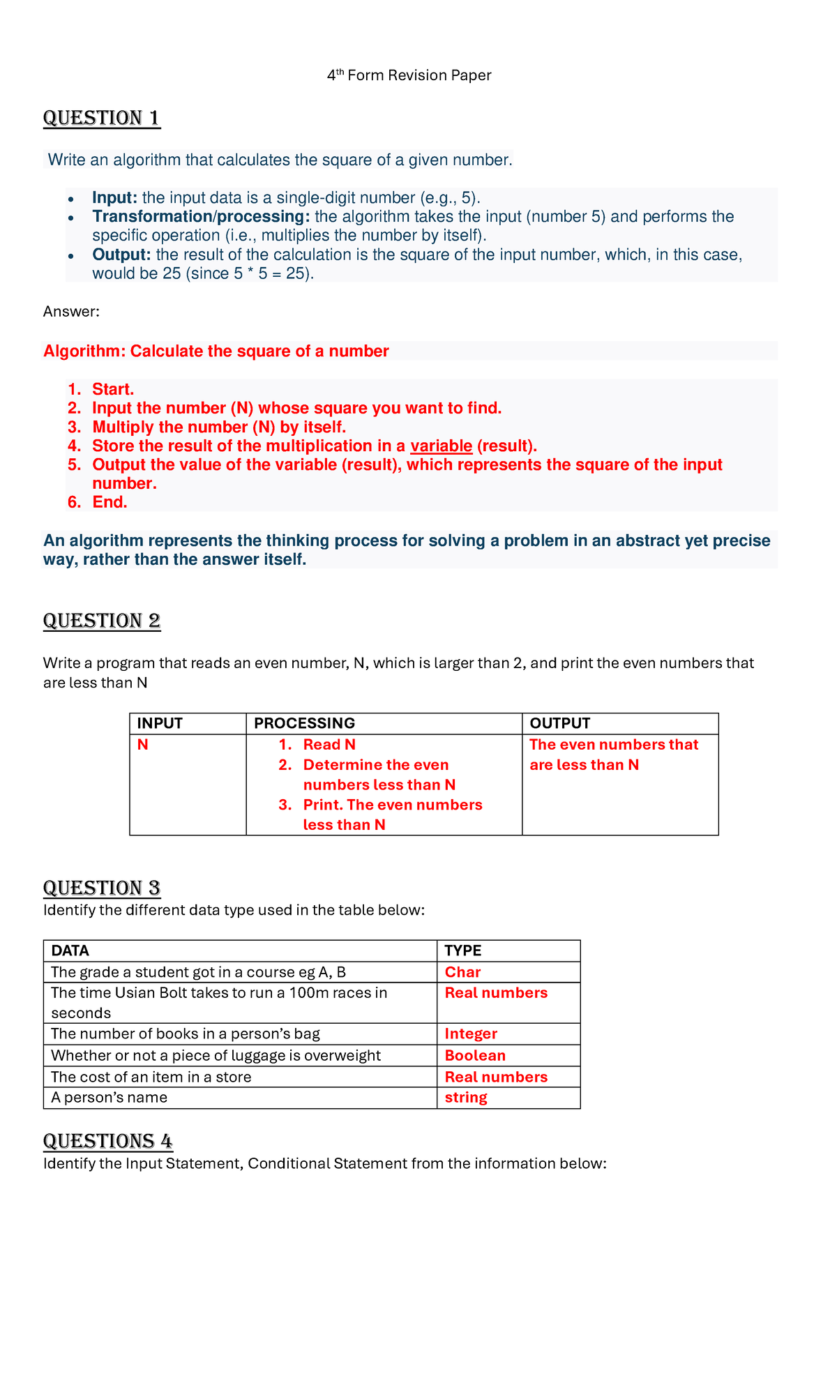 4th Form Revision Paper- Answers - 4 th Form Revision Paper Question 1 Write an algorithm that ...