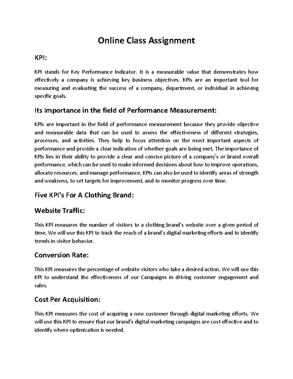 Online Class Assignment - Online Class Assignment KPI: KPI stands for Key Performance Indicator ...