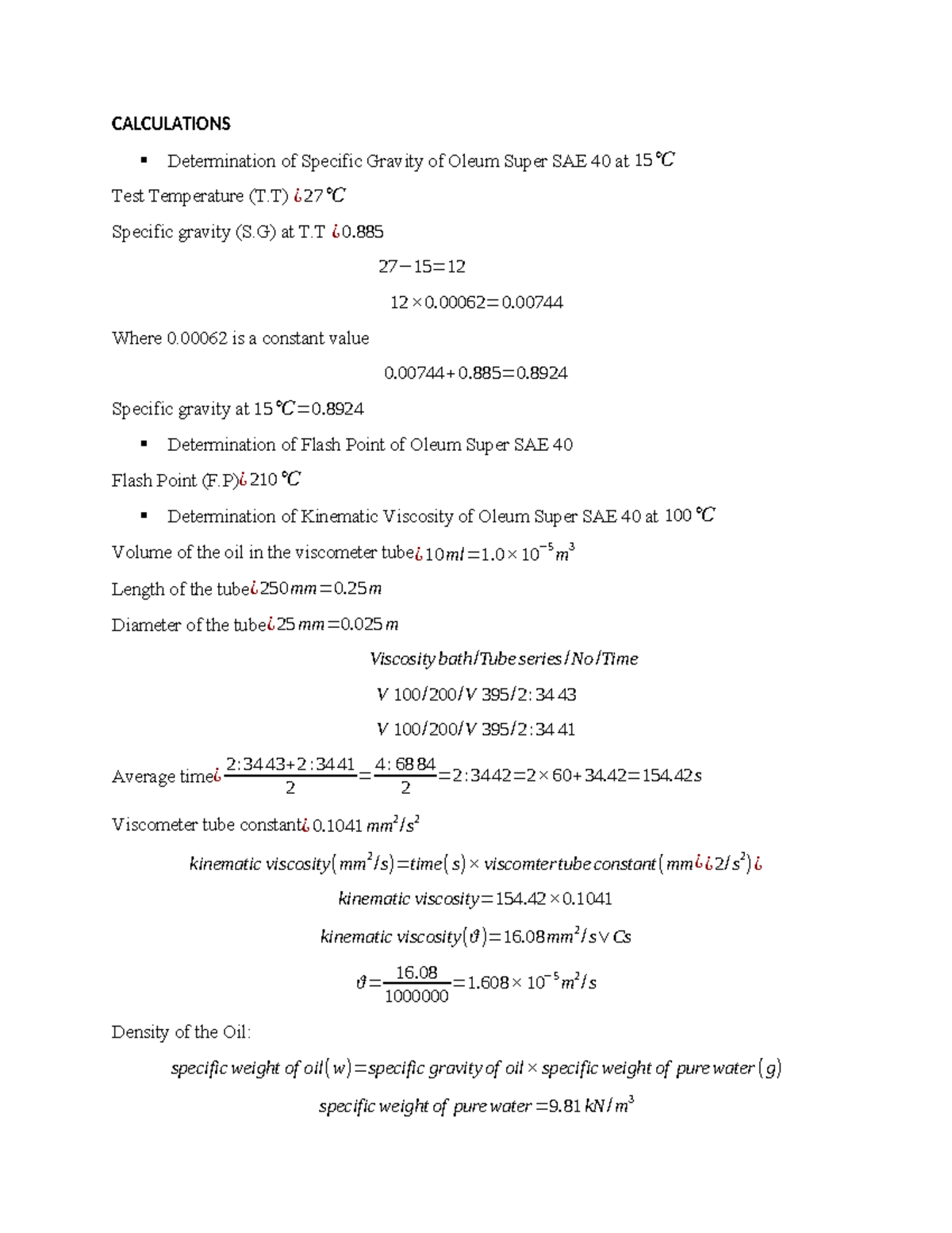 Calculations - CALCULATIONS Determination of Specific Gravity of Oleum ...
