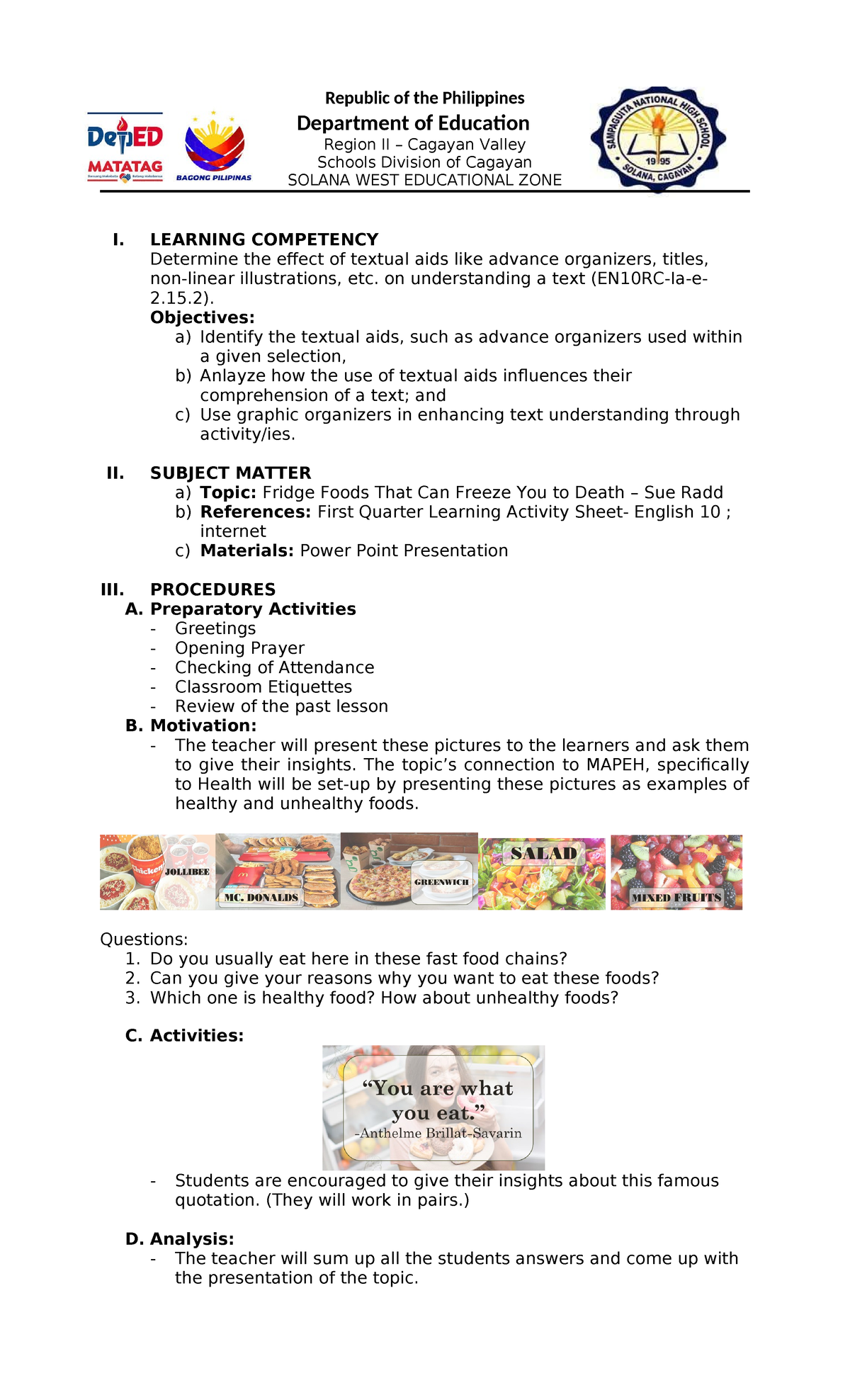 Quarter 1 CO - Lesson Plan - Department of Education Region II ...