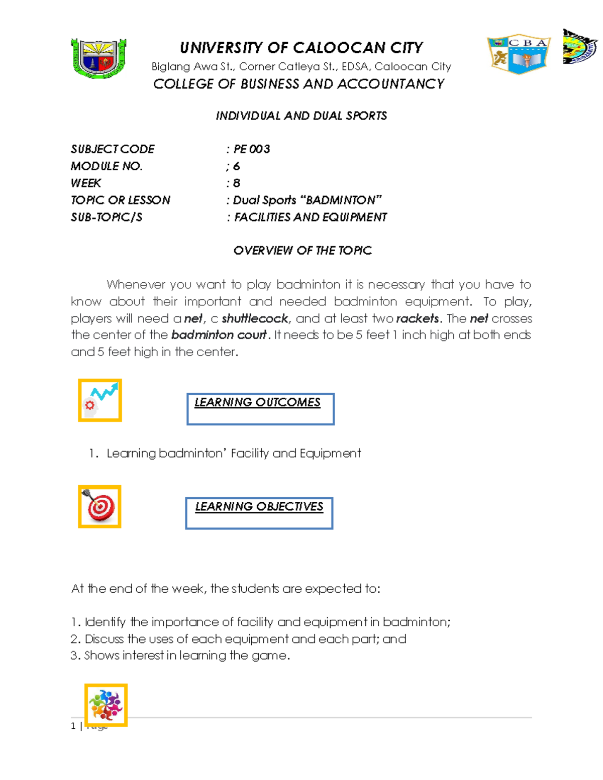 PE 003 CBA Module 6 Week 8 PE 003 Facilities and Equipment of Badminton ...