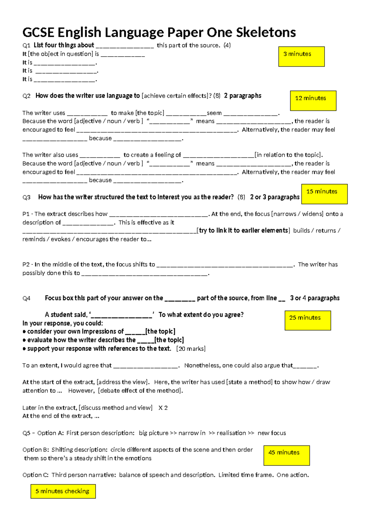 Lang P1 Skeleton - GCSE English Language Paper One Skeletons Q1 List ...
