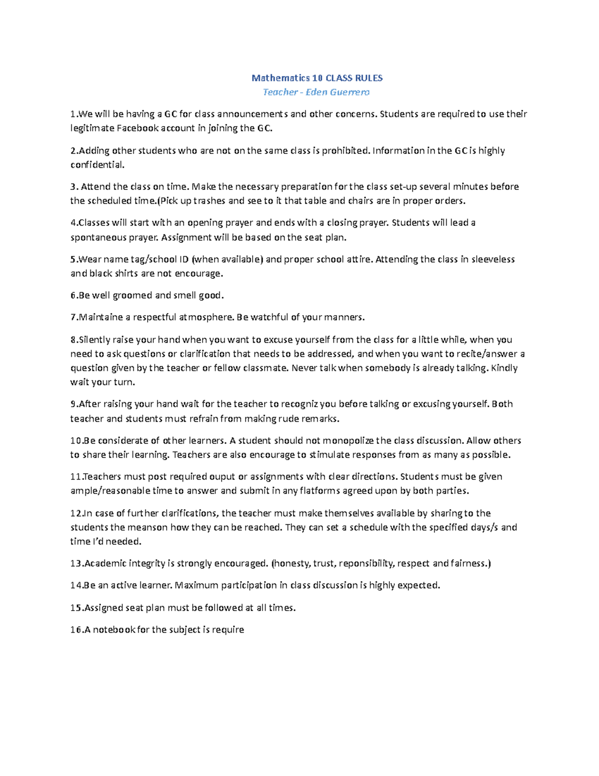 Class rules💕 - Mathematics 10 CLASS RULES Teacher - Eden Guerrero 1 ...