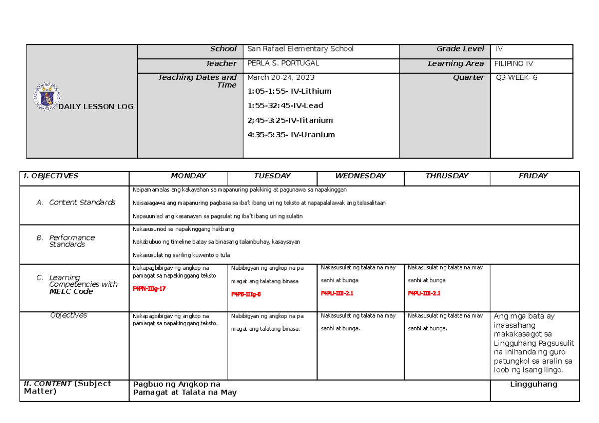 Q3-WEEK-6 DLL IN Filipino - Perla - DAILY LESSON LOG School San Rafael ...