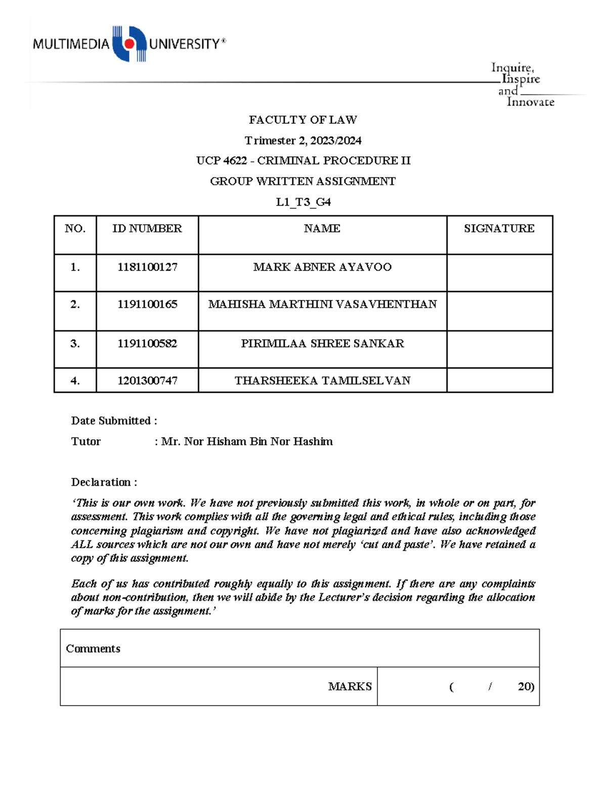 Criminal Assignment docs (final) - FACULTY OF LAW Trimester 2, 2023 ...