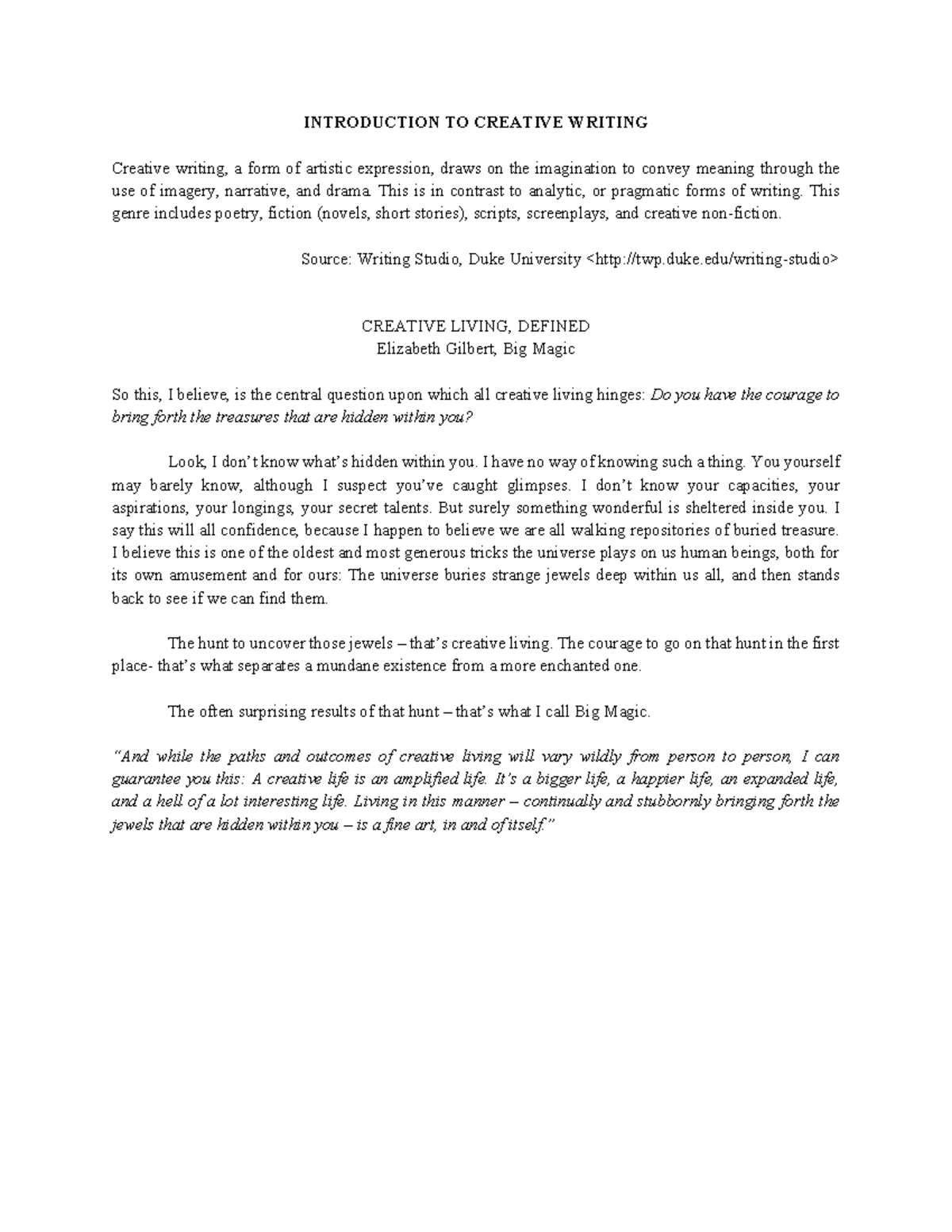 Intro to Creative Writing - INTRODUCTION TO CREATIVE WRITING Creative ...