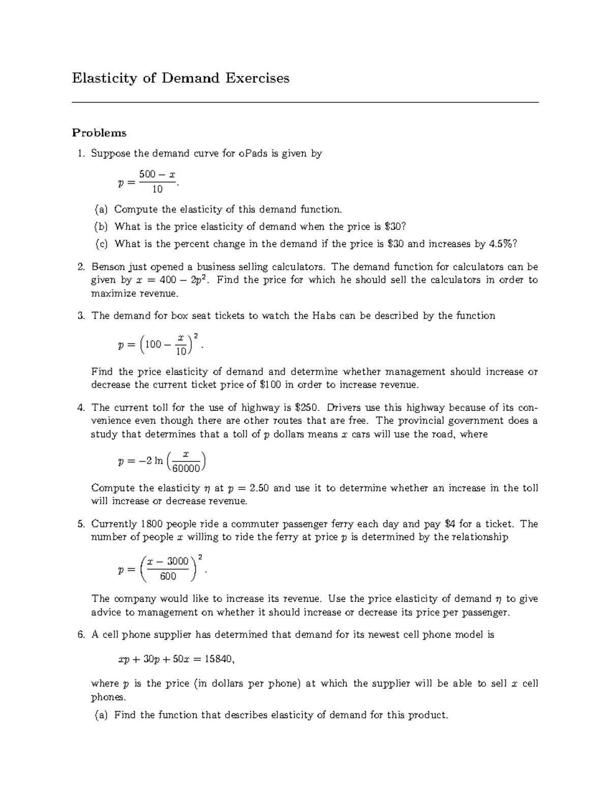 Ejercicios Elasticidades - Elasticity of Demand Exercises Problems ...
