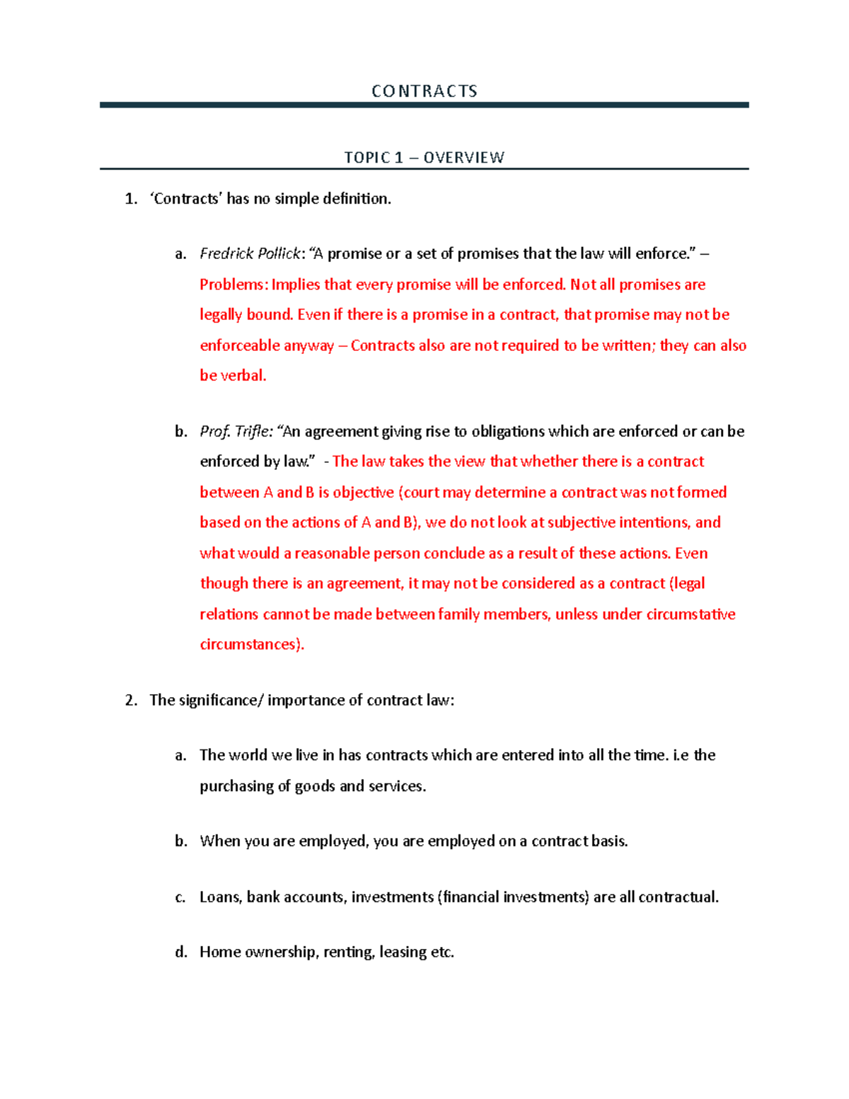 Contracts - Lecture Notes - CONTRACTS TOPIC 1 – OVERVIEW 1. ‘Contracts ...