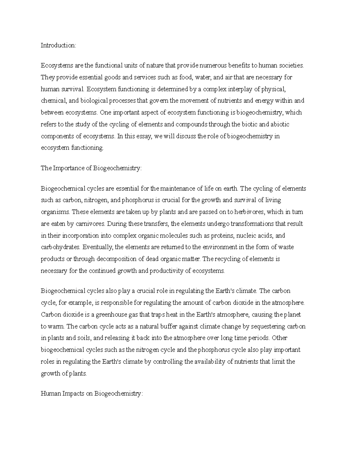 Title The Role of Biogeochemistry in Ecosystem Functioning - Introduction: Ecosystems are the ...