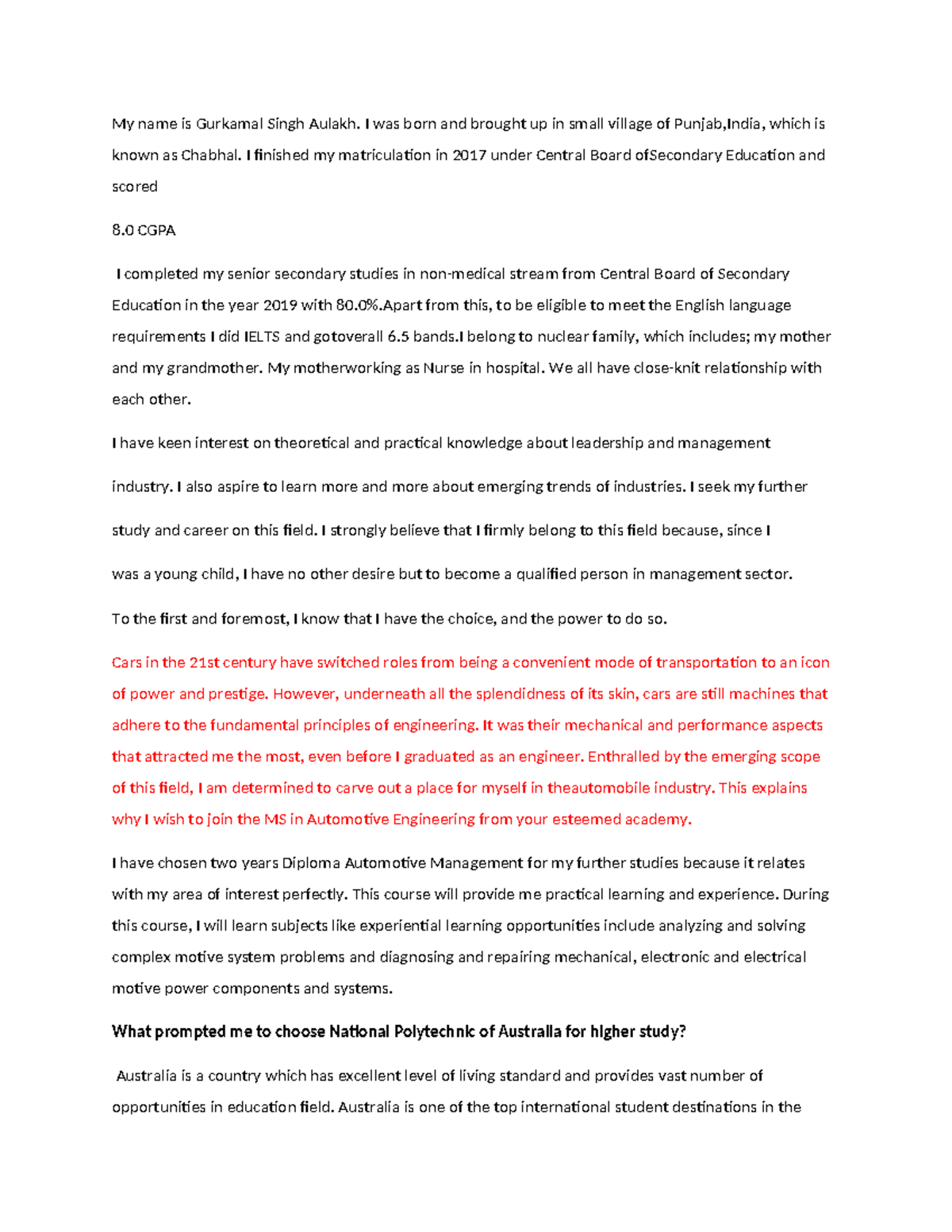 Main sop - ewrtyuiop[] - My name is Gurkamal Singh Aulakh. I was born ...