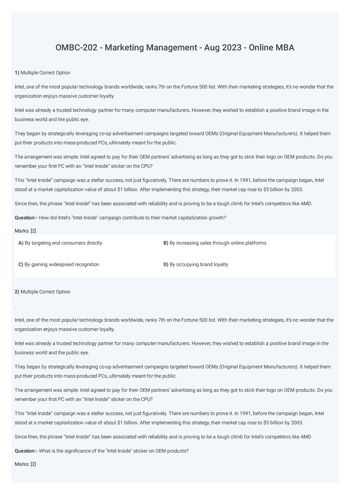 QP OMBC-202 - Marketing Management - Aug 2023 - Online MBA - OMBC-202 ...