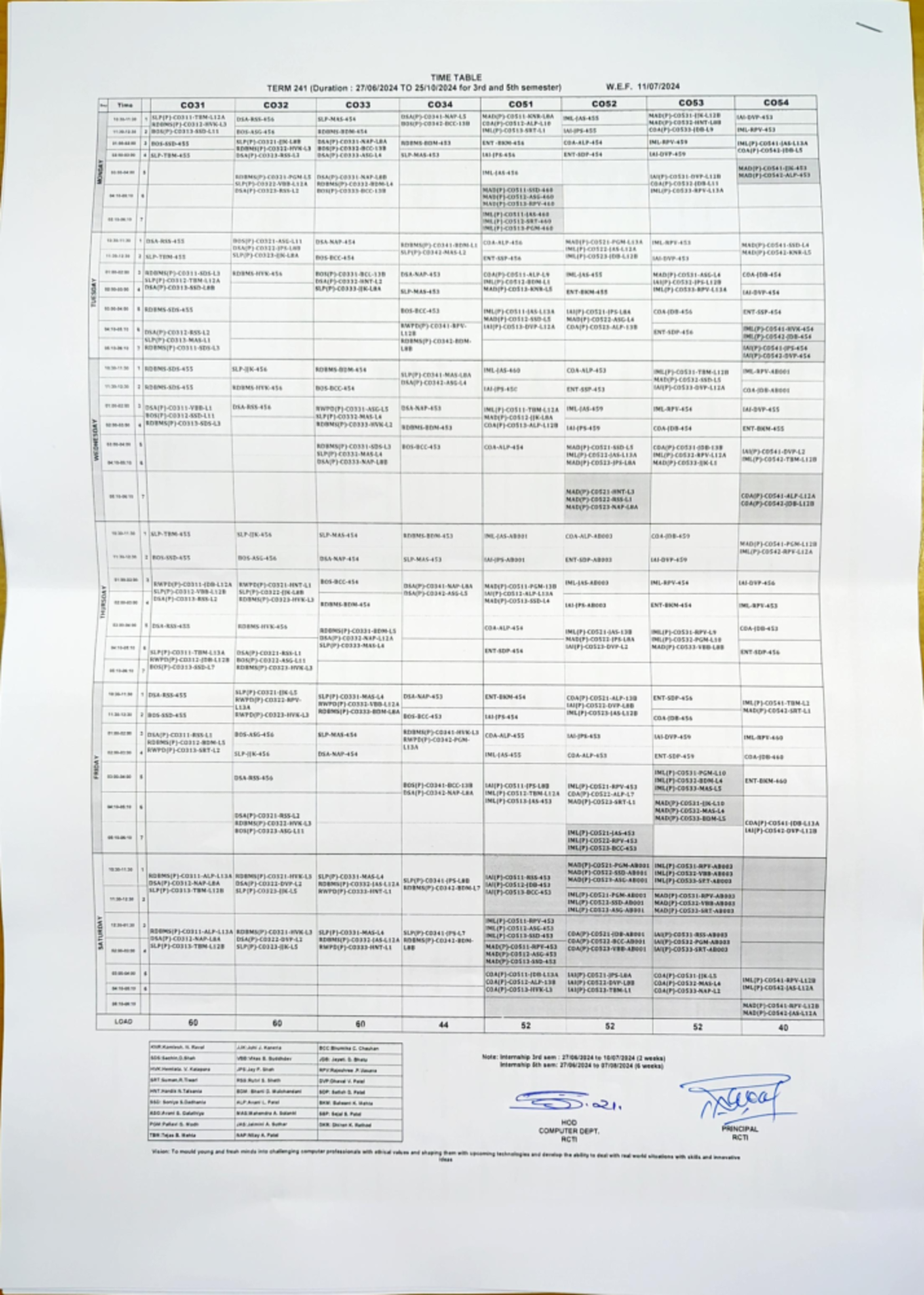 Timetable 5th sem - Hello - TIME TABLE TERM 241 (Duration 27/06/2024 TO ...
