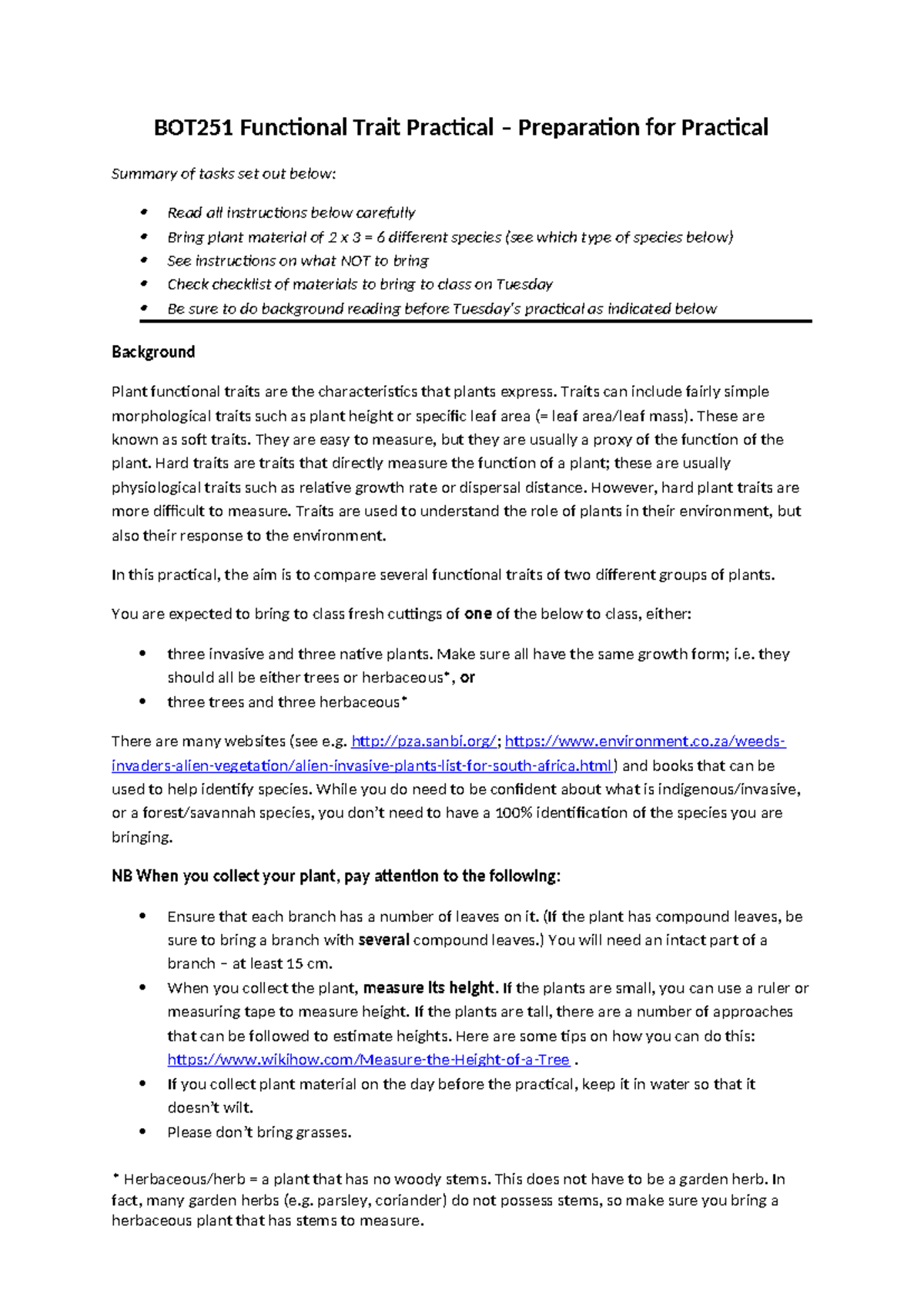 Preparation for Functional Trait Practical BOT251 - BOT251 Functional ...
