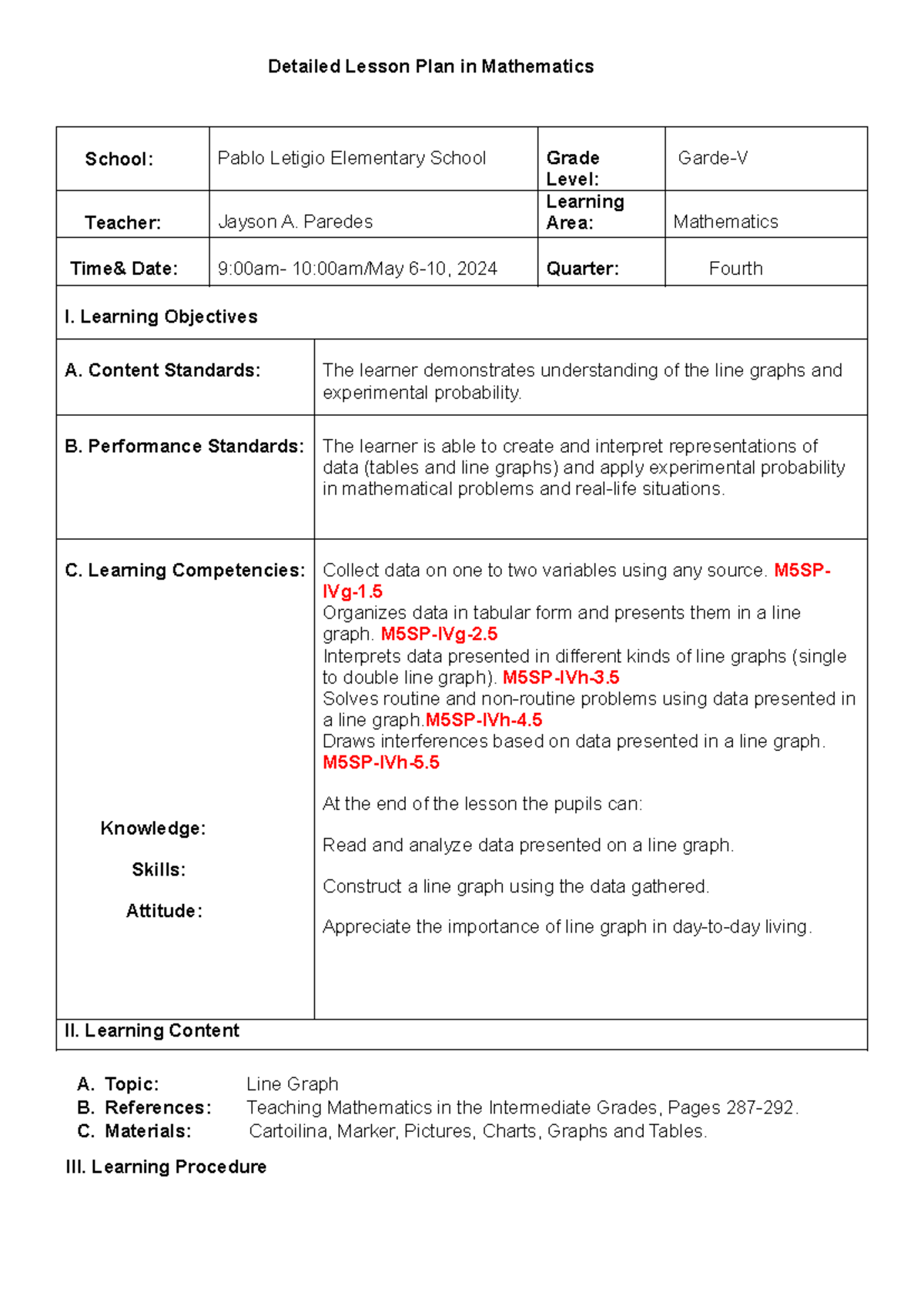 Lesson Plan Math 5 - Detailed Lesson Plan in Mathematics School: Pablo ...