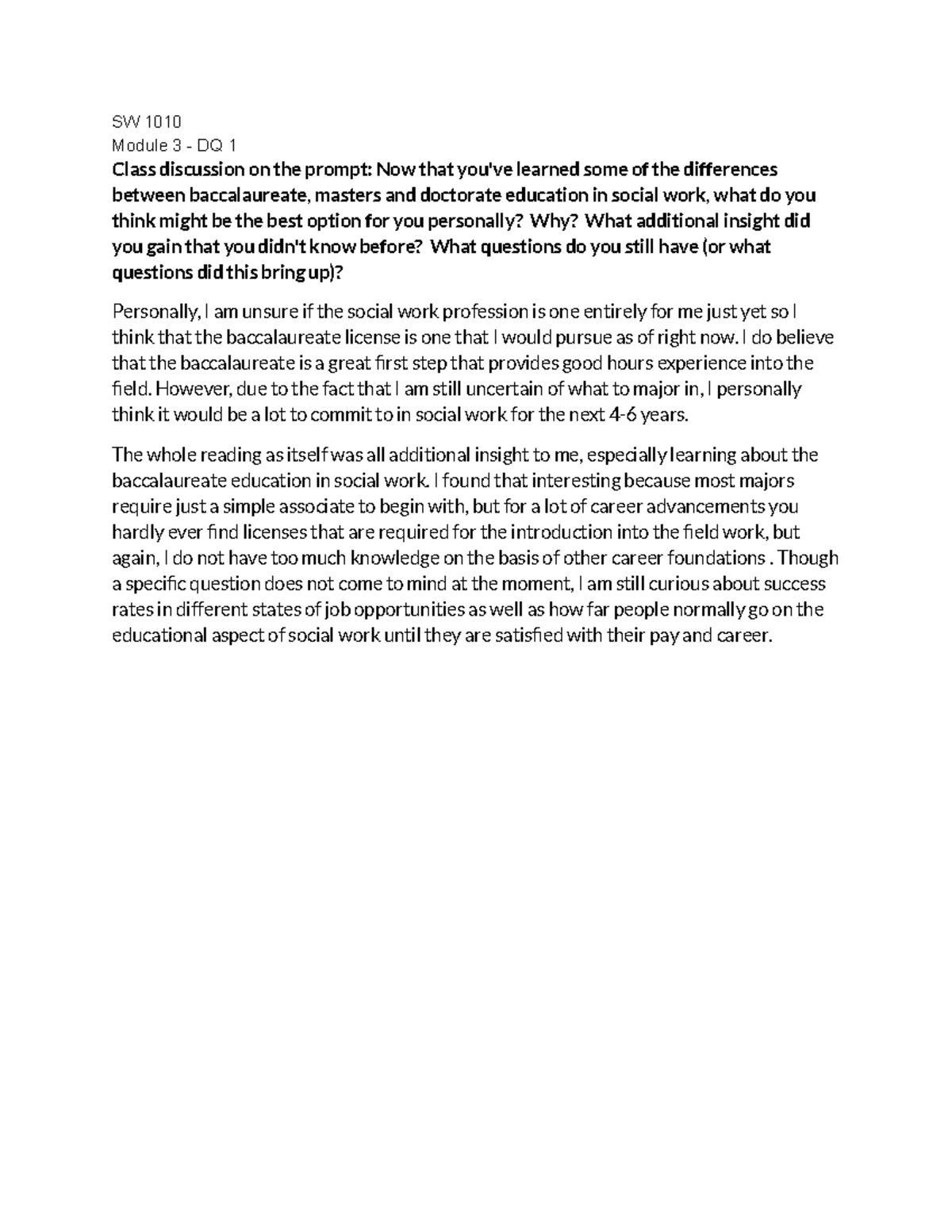 SW 1010 Module 3 - DQ 1 - social work, what do you think might be the ...