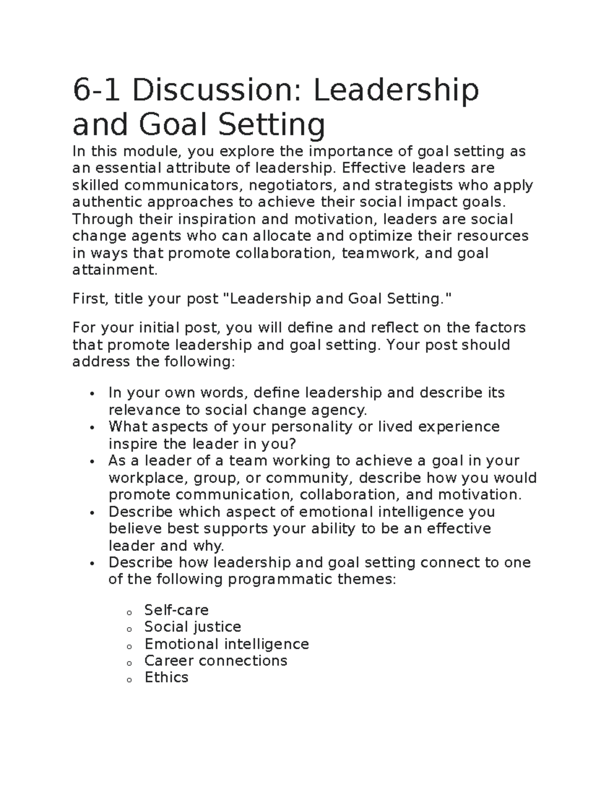 6-1 discussion leadership and goal setting - 6-1 Discussion: Leadership ...