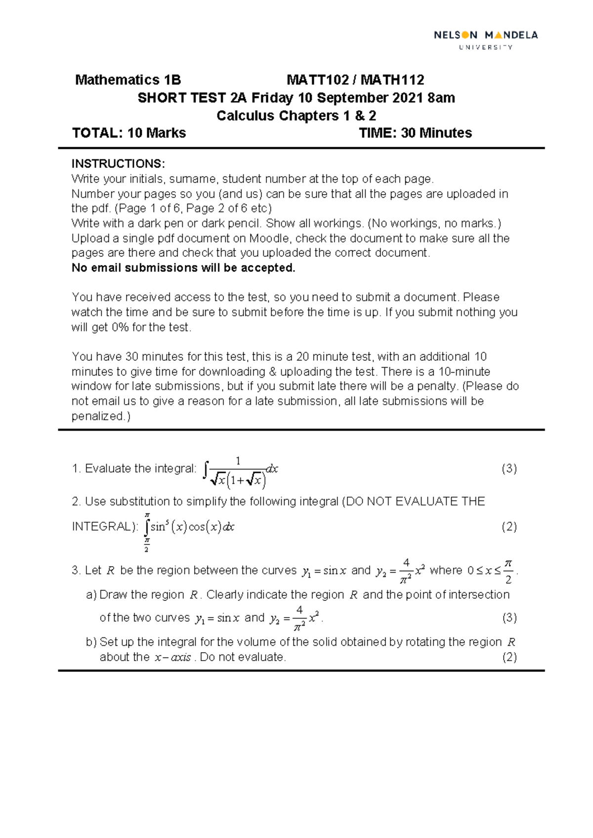 Mathematics 1B Short Test 2A - Mathematics 1B MATT102 / MATH SHORT TEST ...