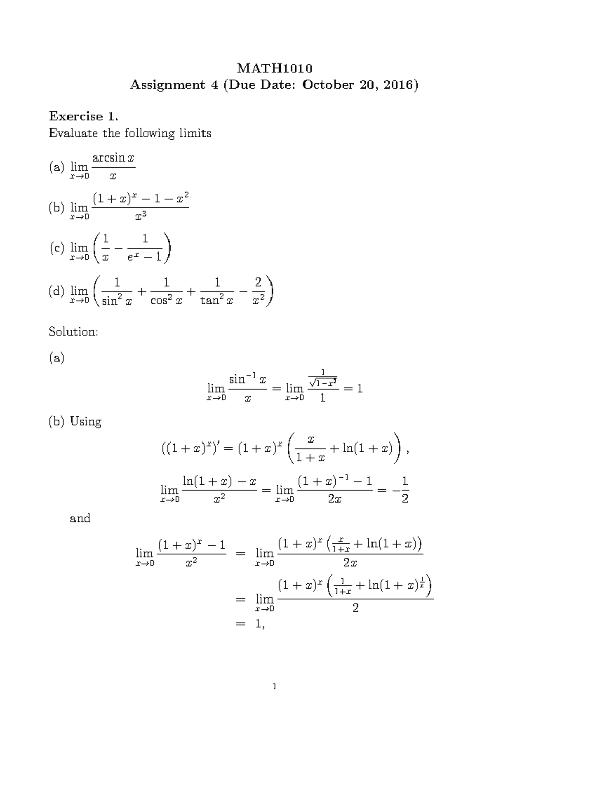 Homework 04 - MATH1010 Assignment 4 (Due Date: October 20, 2016 ...