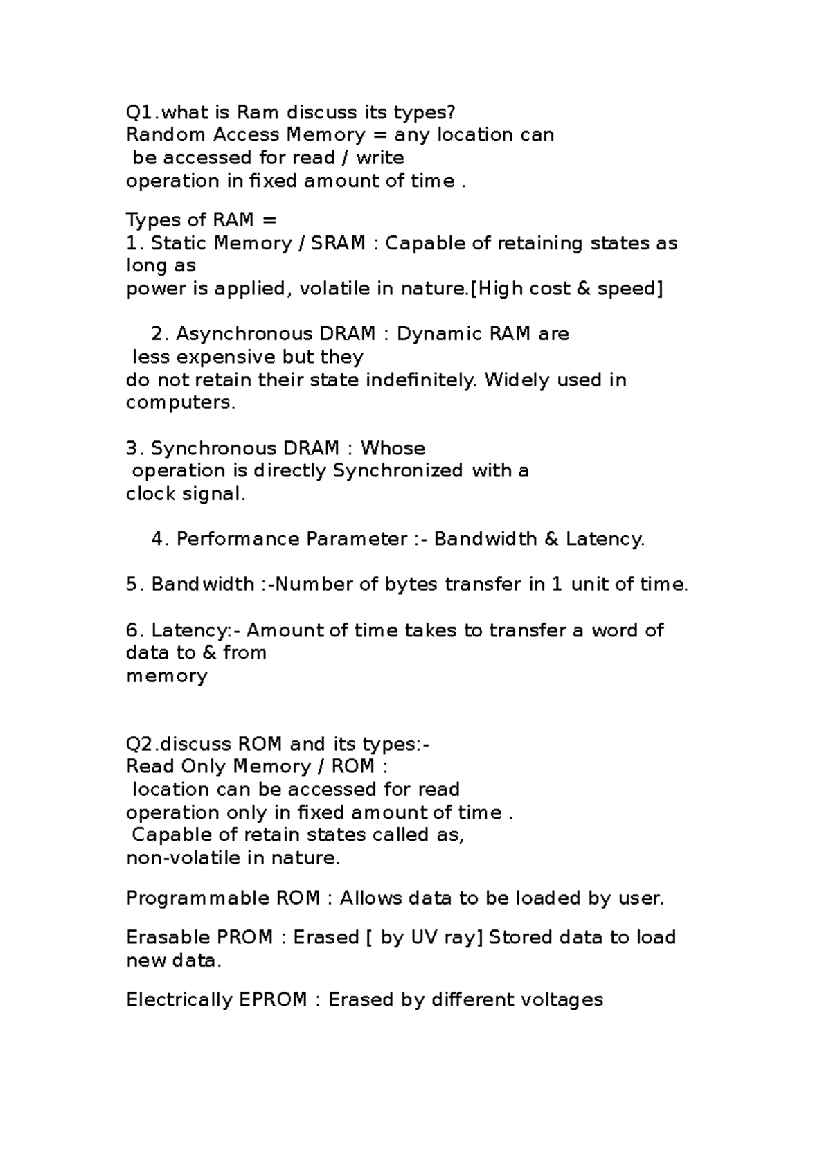 Coa2 - RAM ,ROM and its types - Q1 is Ram discuss its types? Random ...