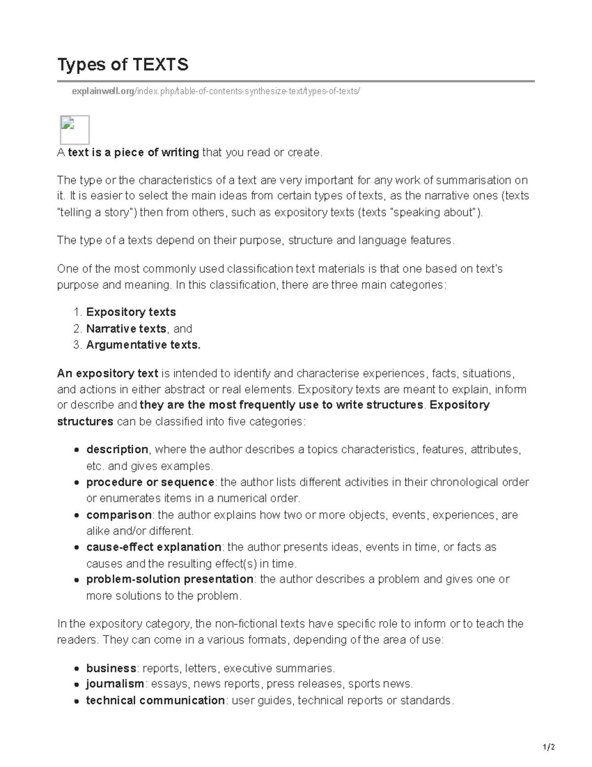 Explainwell - essay - 1/ Types of TEXTS - Studocu