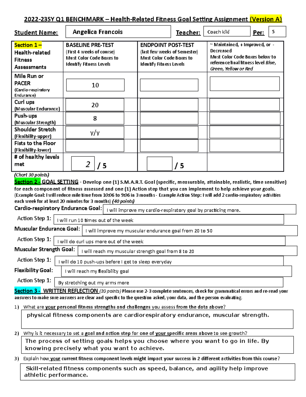 2022-23SY Version A - Q1 Benchmark Assignment - Health Related Fitness ...