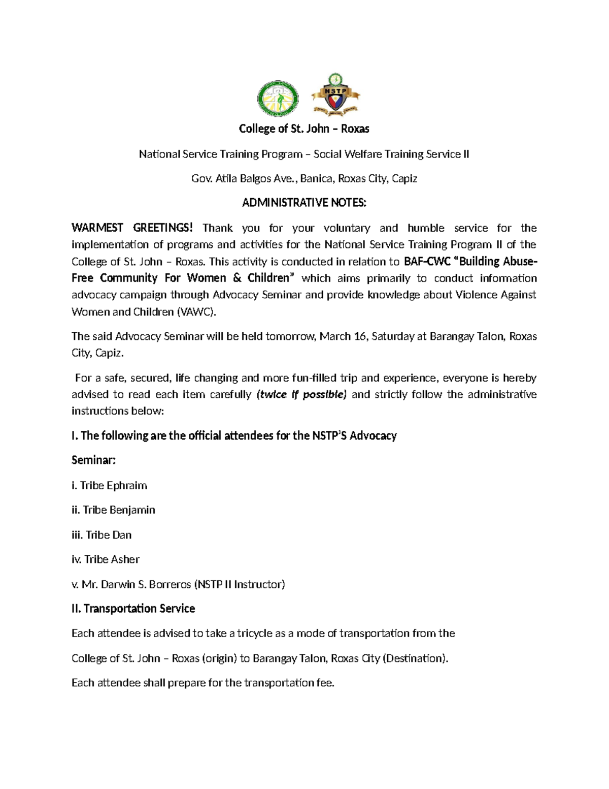 Administrative Notes - College of St. John – Roxas National Service ...