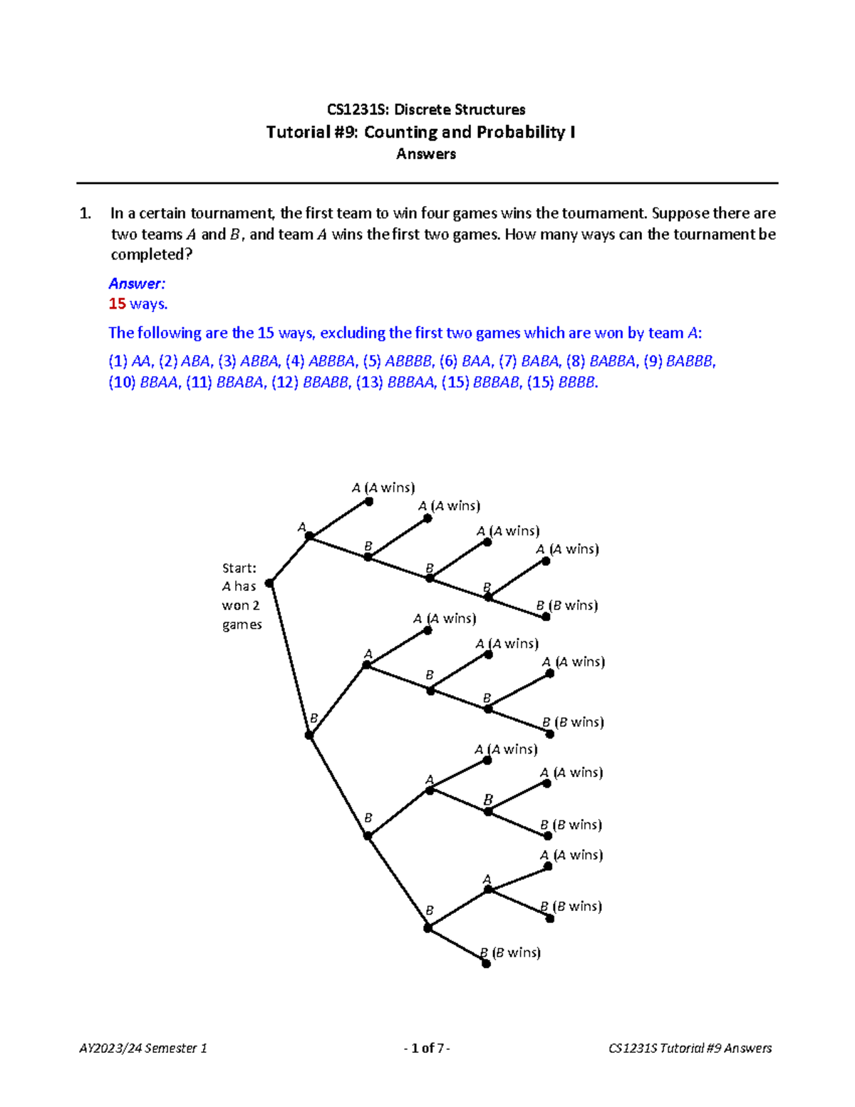 Tut09ans Post Ans For Tut Cs1231s Discrete Structures Tutorial 9 Counting And