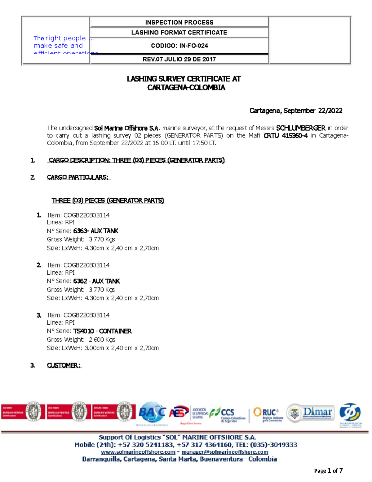 Lashing Survey Certificate. CRTU 415360-4 en Cartagena-Colombia OT17912 ...