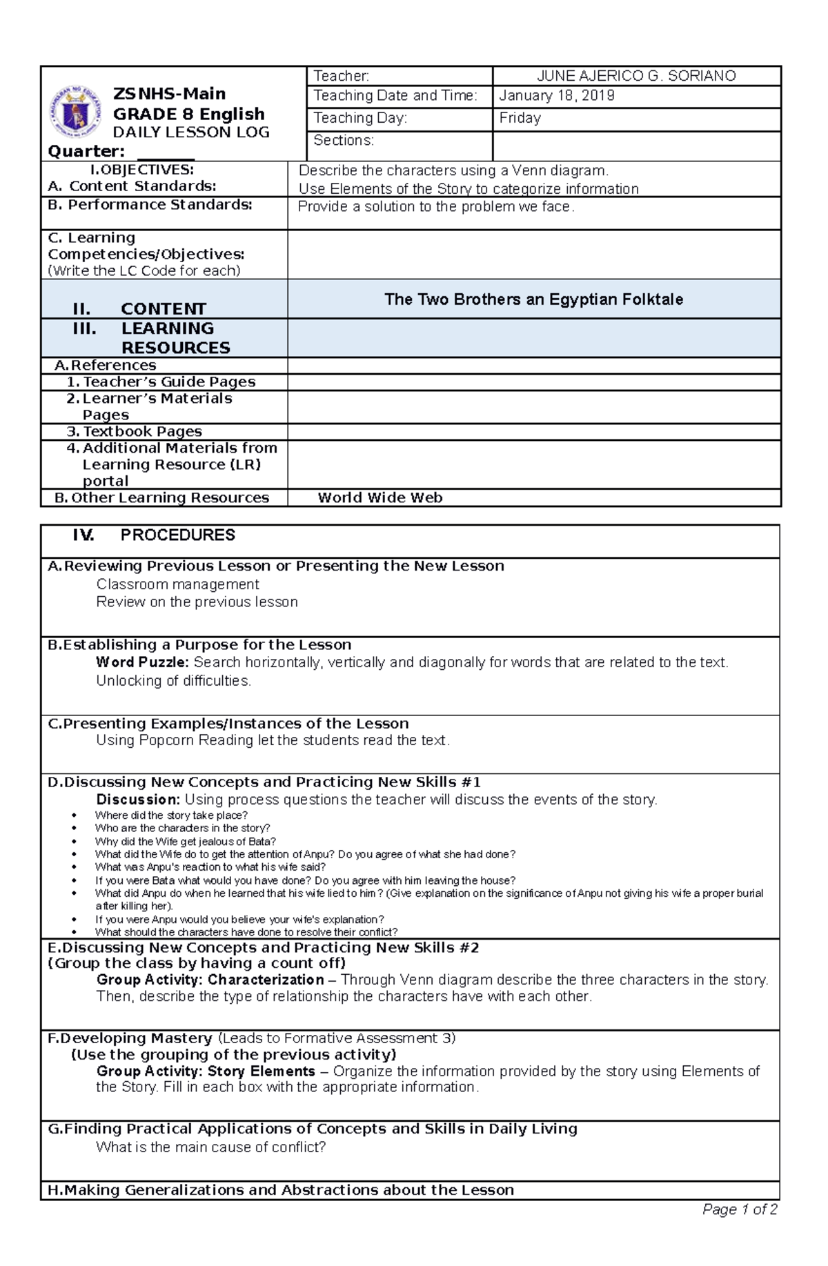 DLL-revised for 1st COT - ZSNHS-Main GRADE 8 English DAILY LESSON LOG ...
