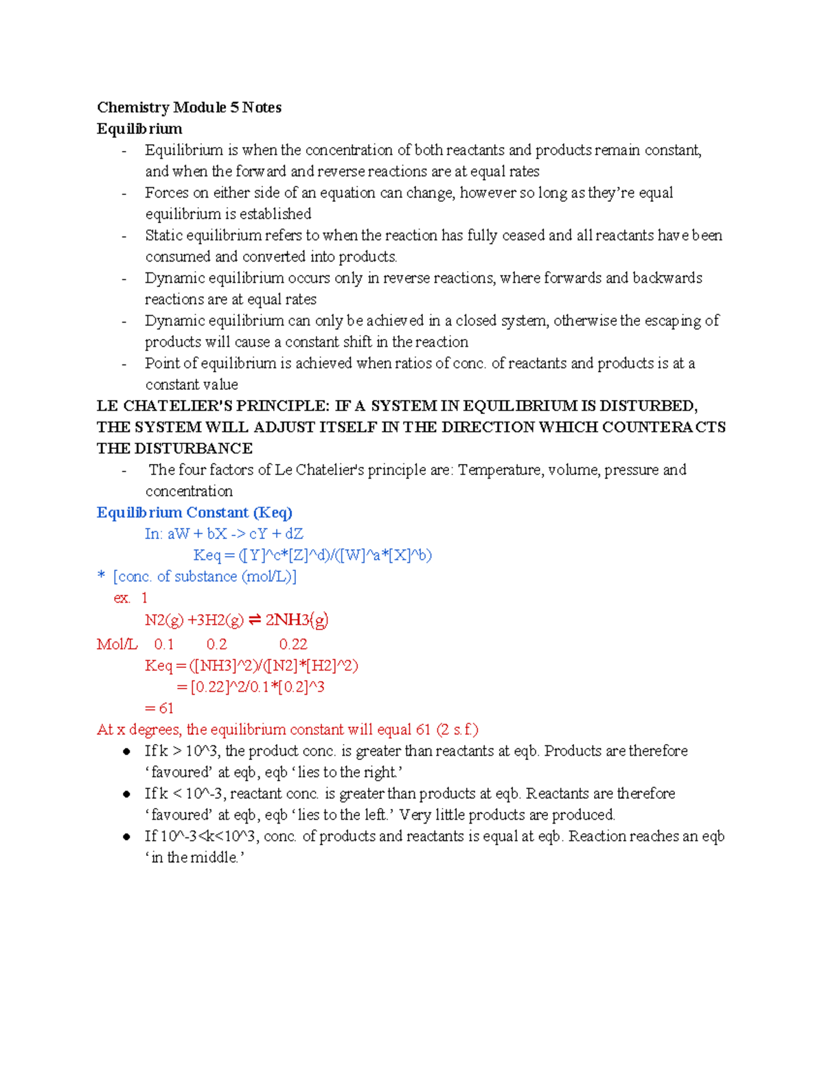 Chemistry Module 5 Notes - Chemistry Module 5 Notes Equilibrium ...