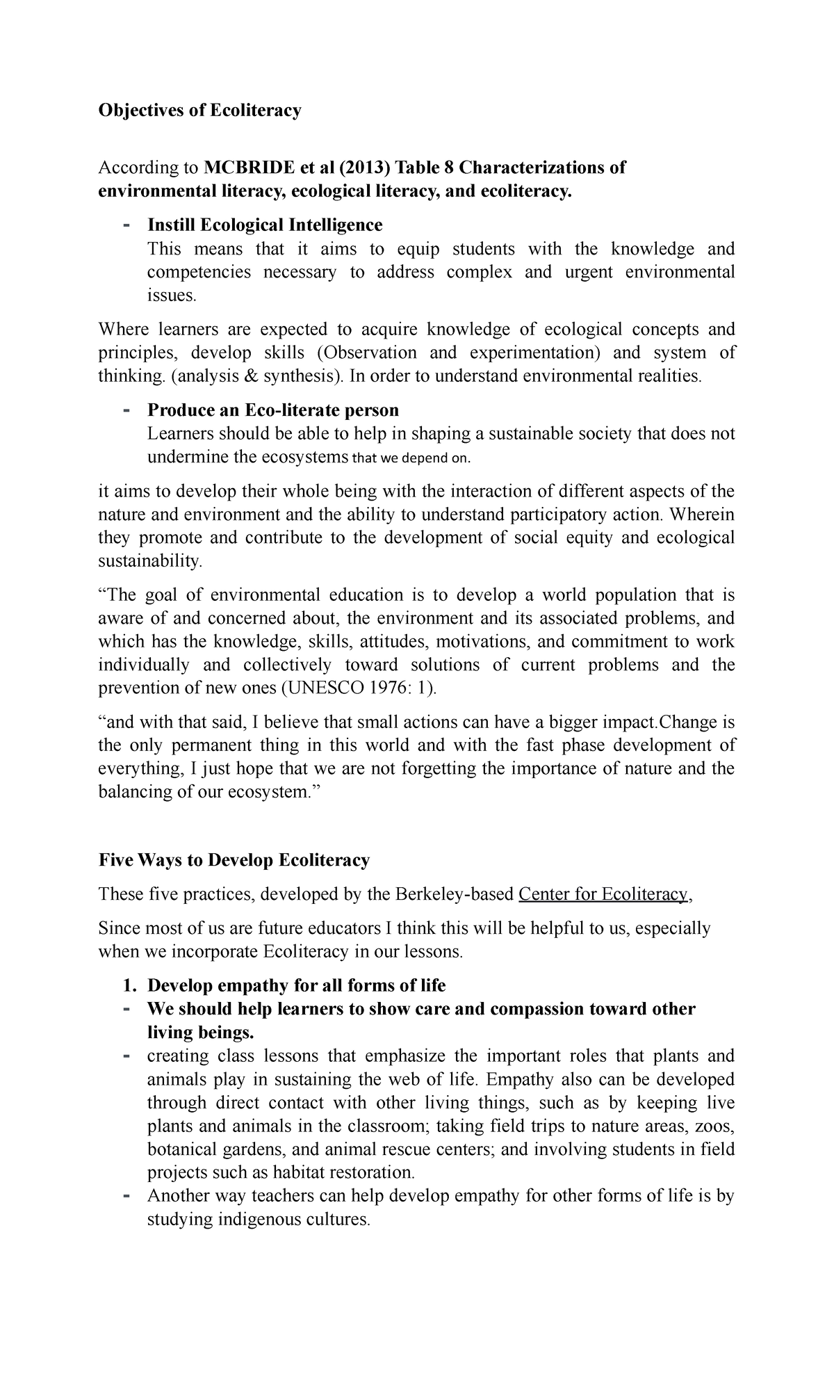 Objectives of Ecoliteracy - Objectives of Ecoliteracy According to ...