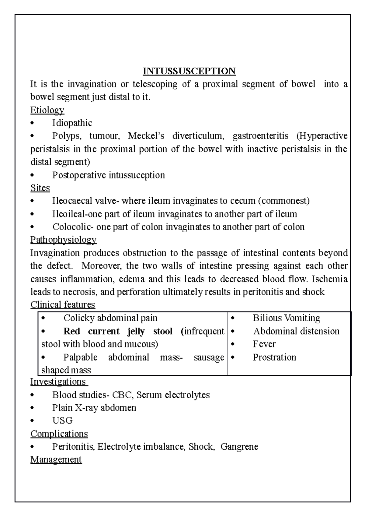 Intusussception - Lecture notes - INTUSSUSCEPTION It is the ...